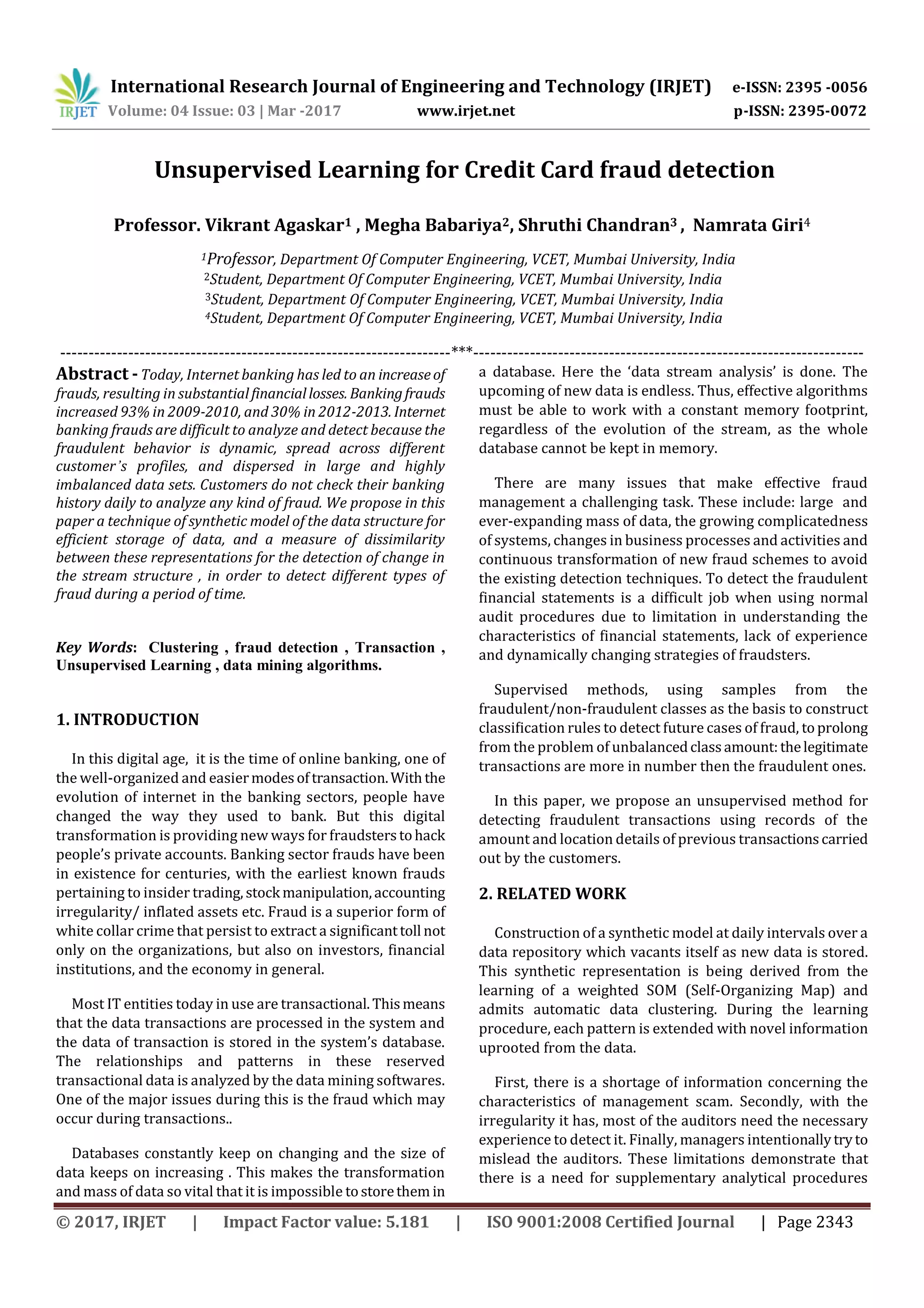 Unsupervised Learning for Credit Card Fraud Detection | PDF