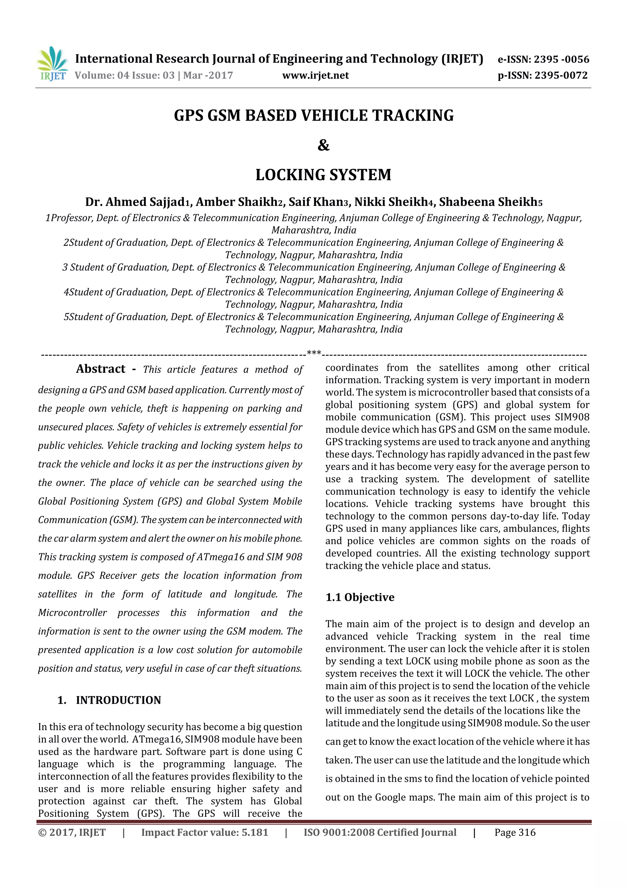 Gps Gsm Based Vehicle Tracking And Locking System Pdf