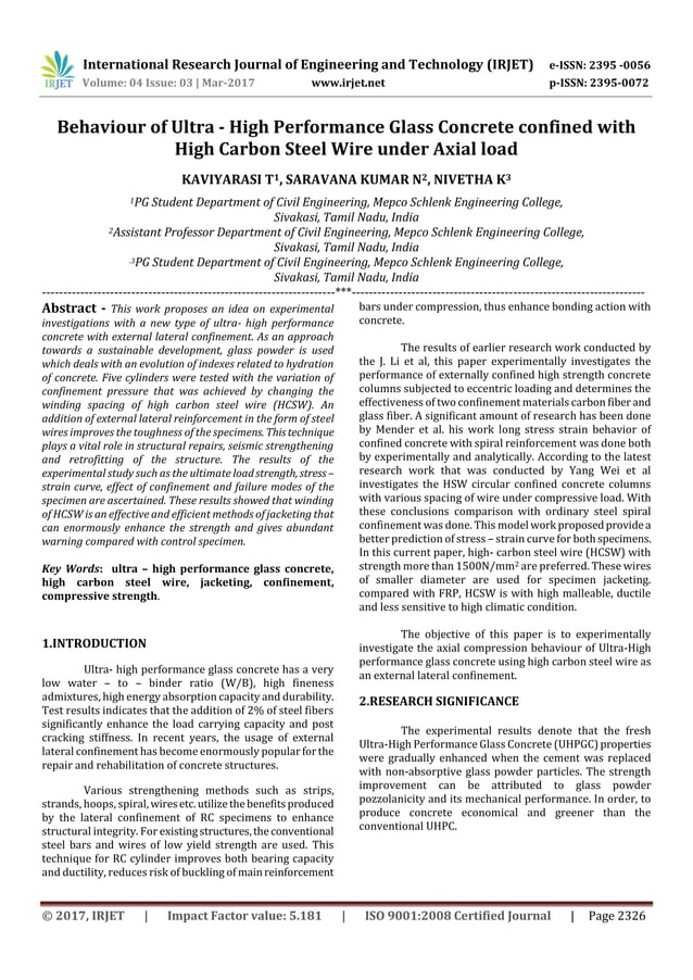 Behaviour of Ultra - High Performance Glass Concrete Confined with High Carbon Steel Wire Under ...
