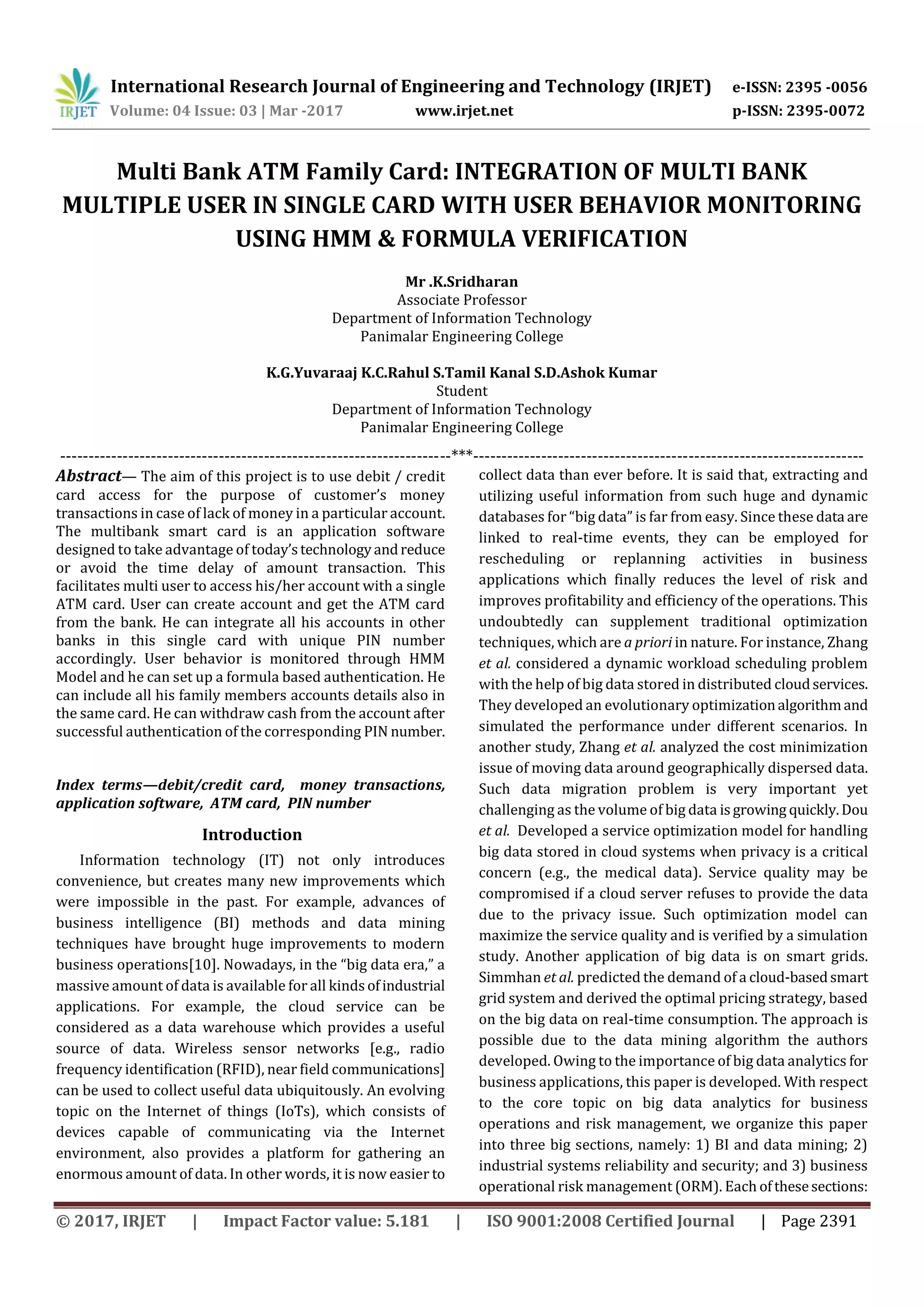 Multi Bank Atm Family Card: Integration of Multi Bank Multiple User in Single Card with User ...