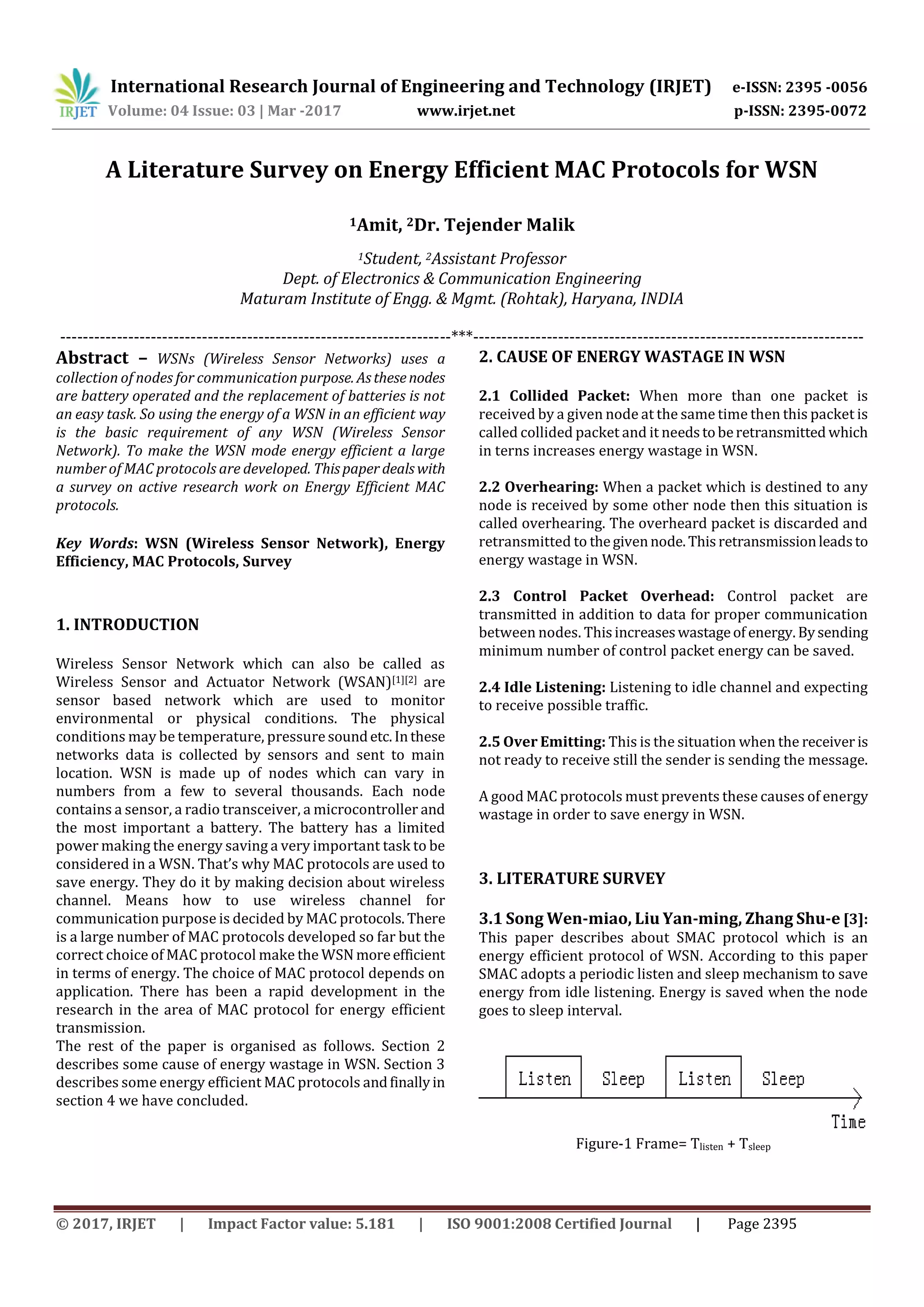 A Literature Survey on Energy Efficient MAC Protocols For WSN | PDF