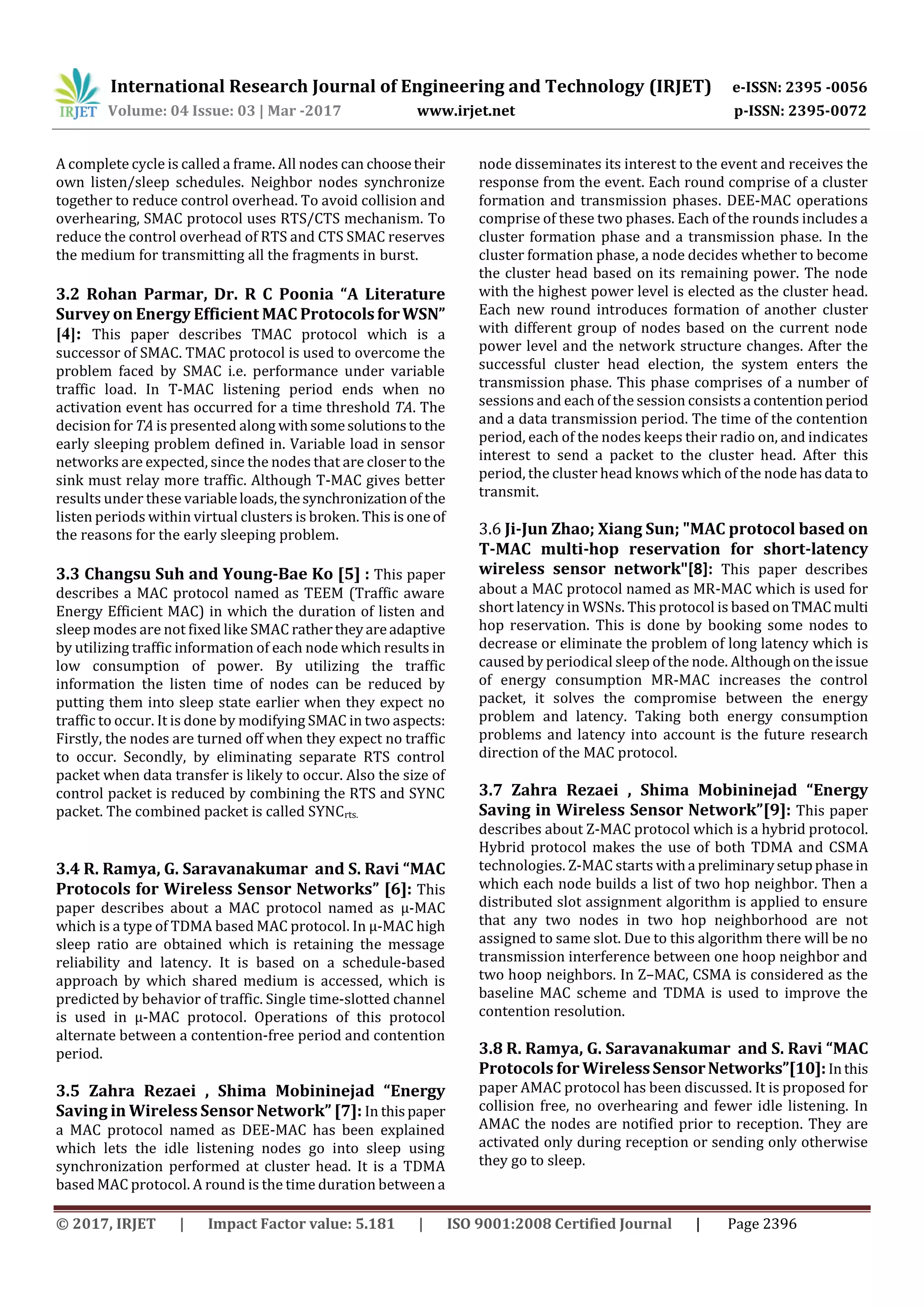 A Literature Survey on Energy Efficient MAC Protocols For WSN | PDF