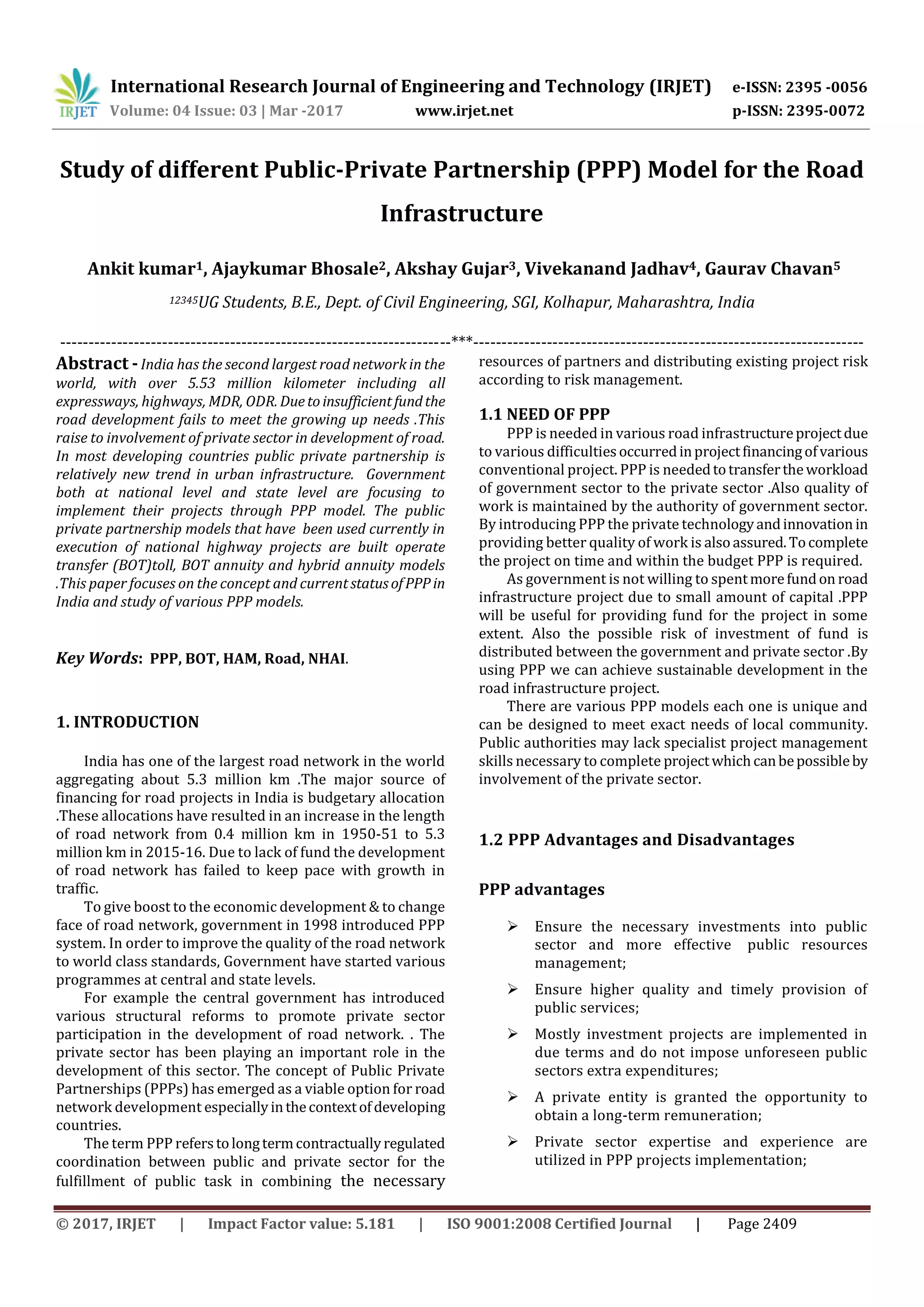 Study of Different Public-Private Partnership (PPP) Model for the Road ...