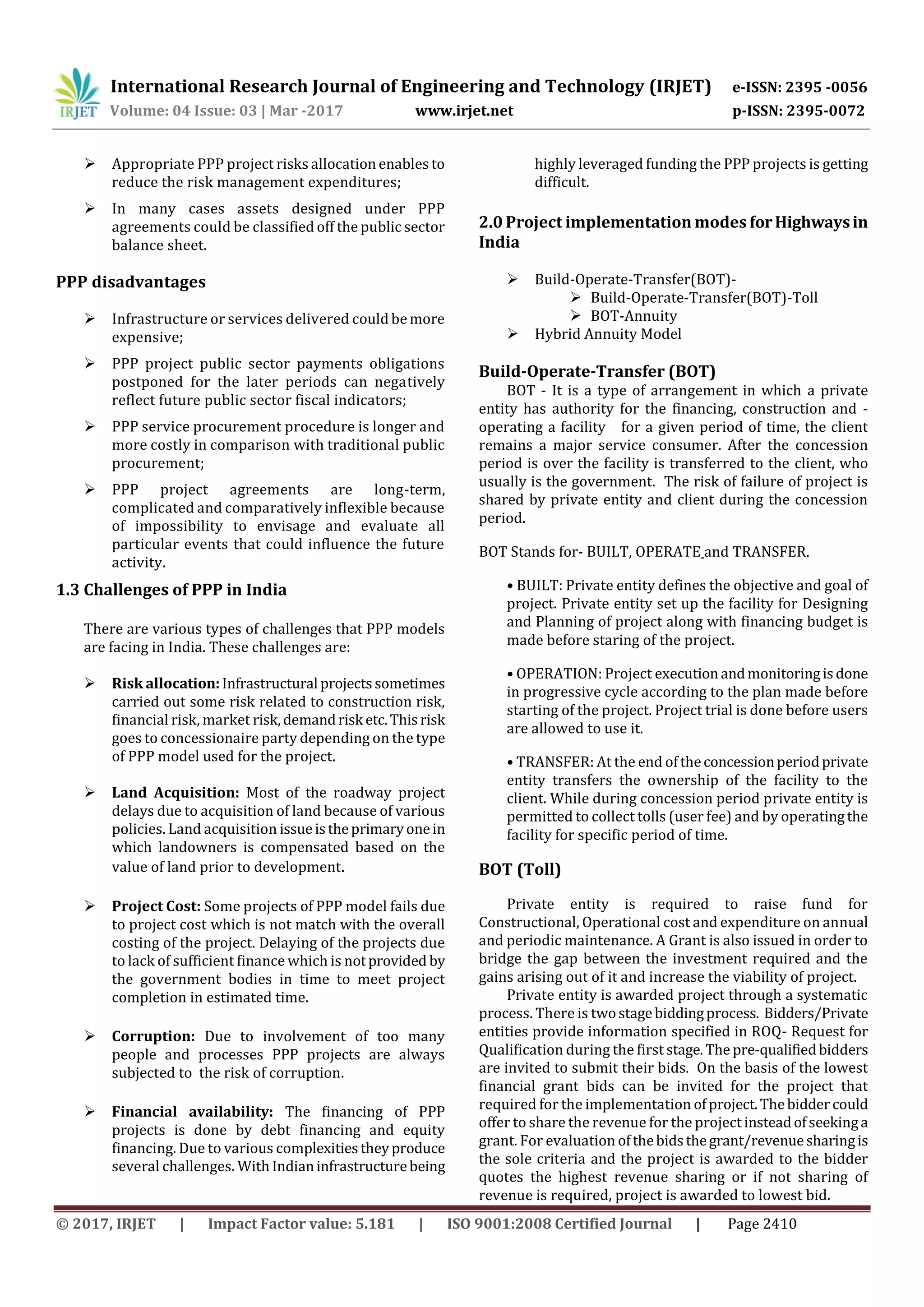 Study of Different Public-Private Partnership (PPP) Model for the Road Infrastructure | PDF