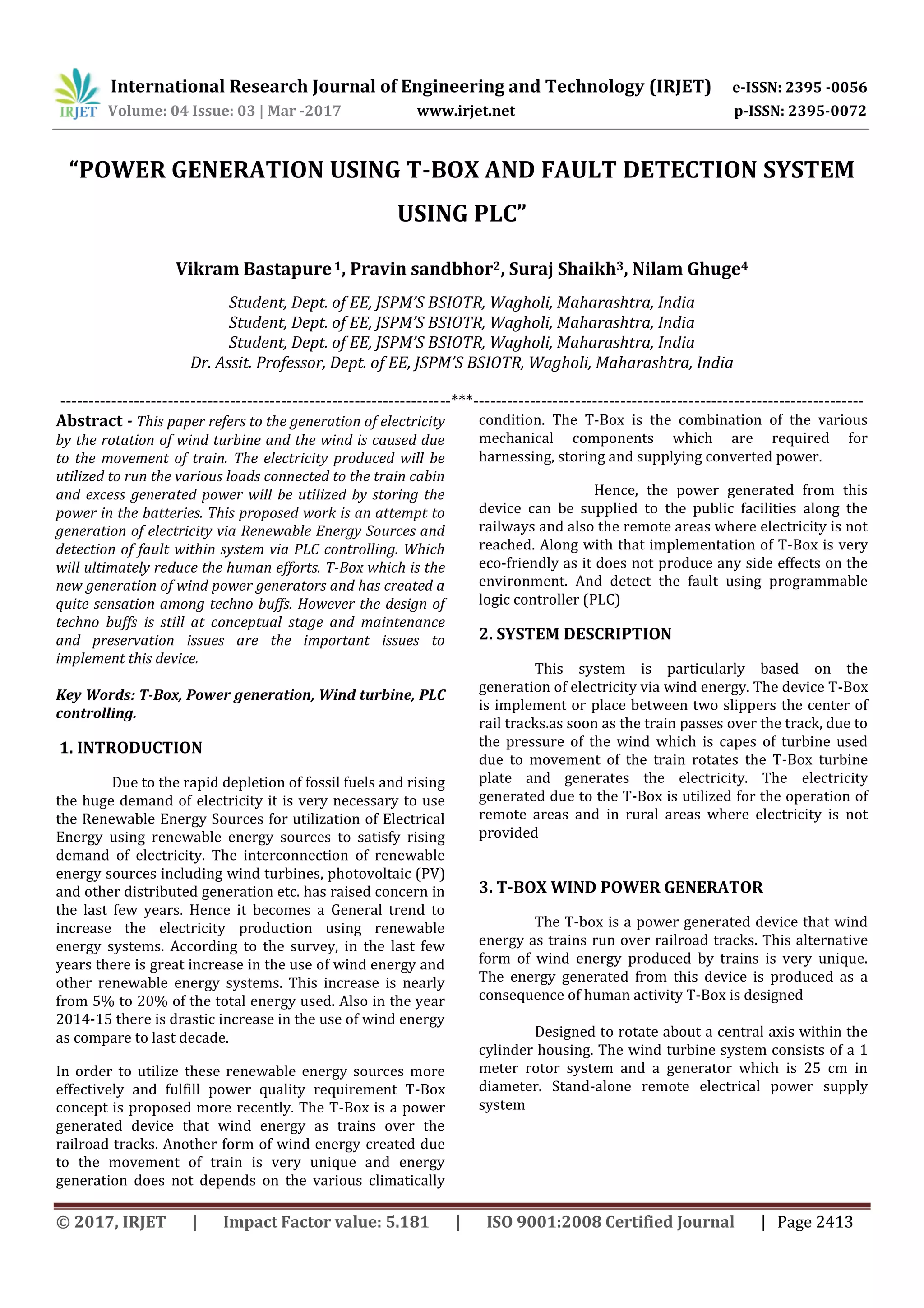 Power Generation Using T Box And Fault Detection System Using Plc Pdf