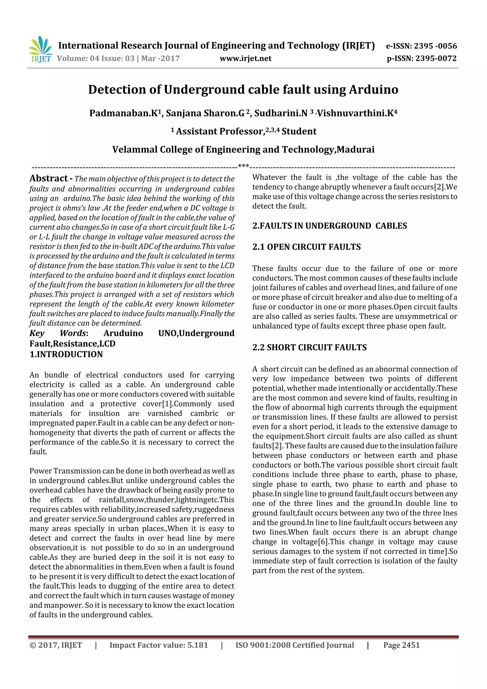 Detection of Underground Cable Fault using Arduino | PDF