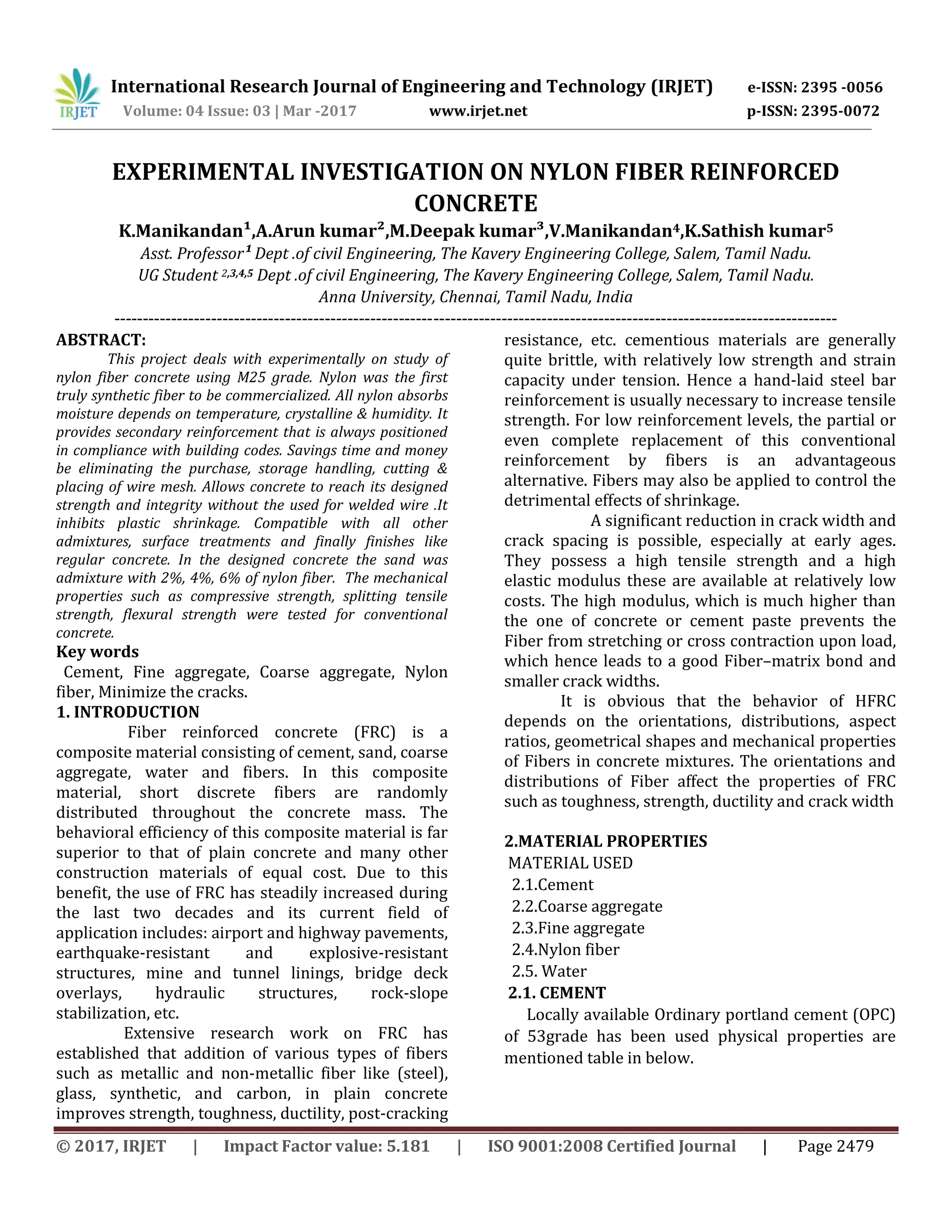 Experimental Investigation on Nylon Fiber Reinforced Concrete | PDF