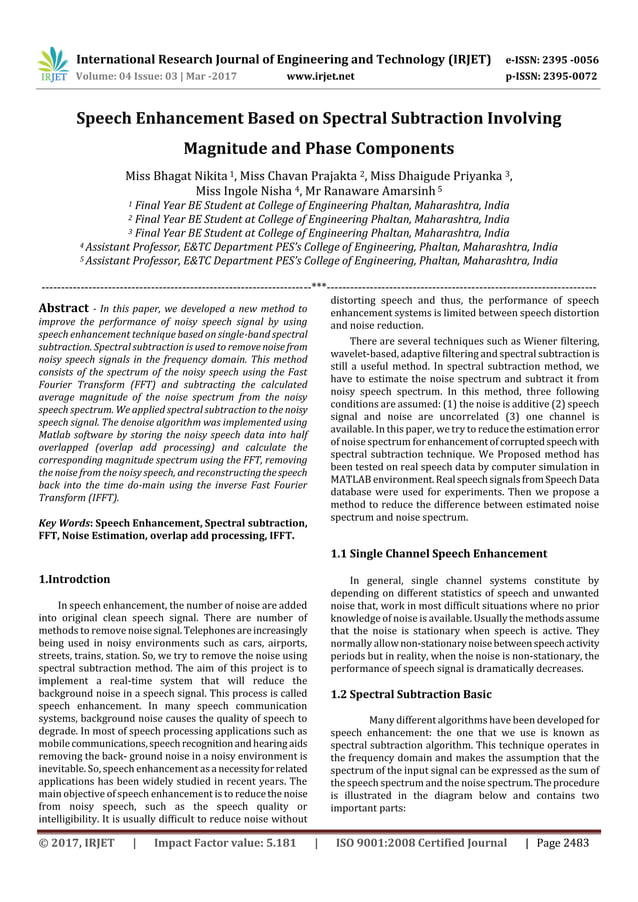 Speech Enhancement Based on Spectral Subtraction Involving Magnitude and Phase Components | PDF