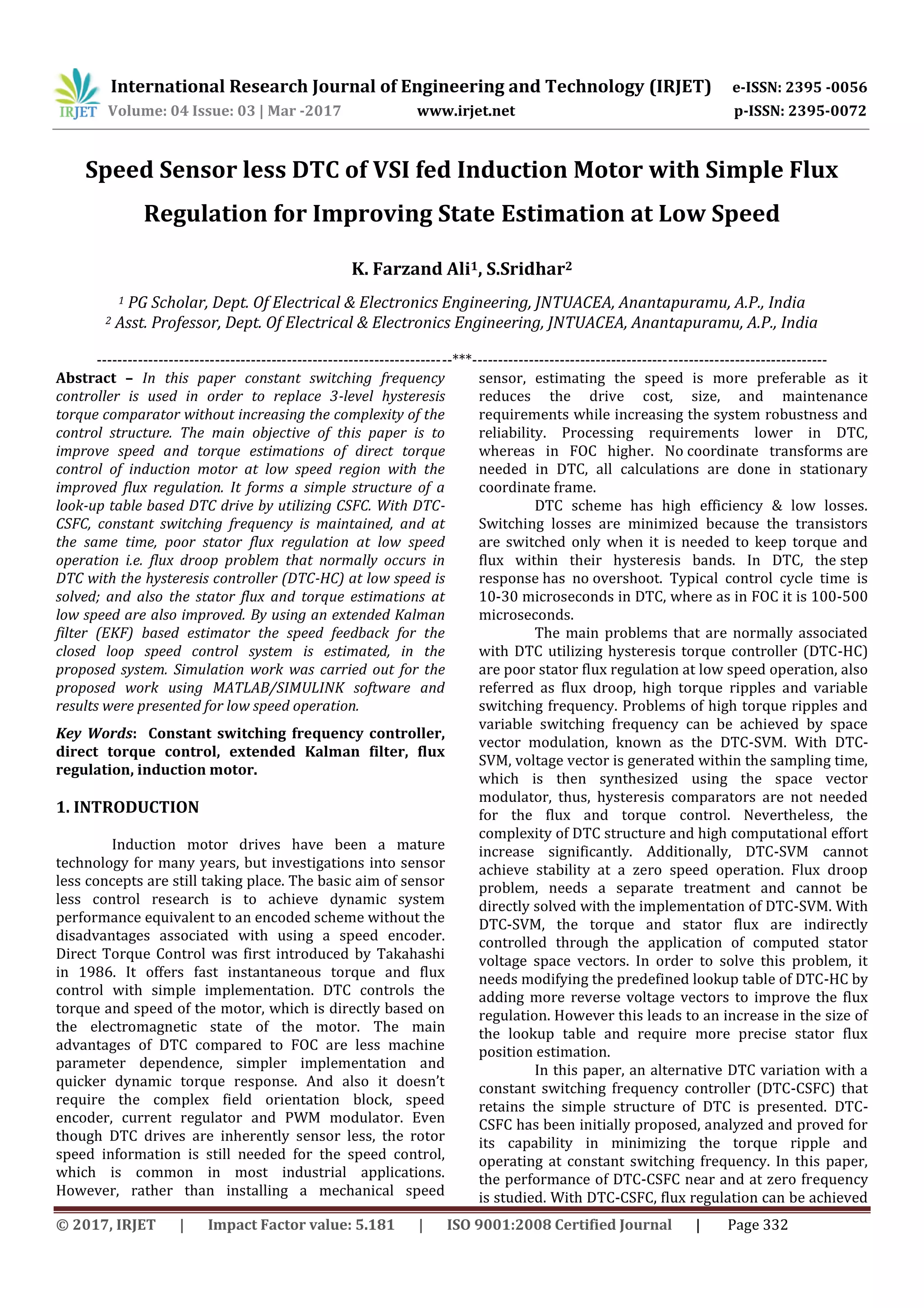 Speed Sensor less DTC of VSI fed Induction Motor with Simple Flux ...