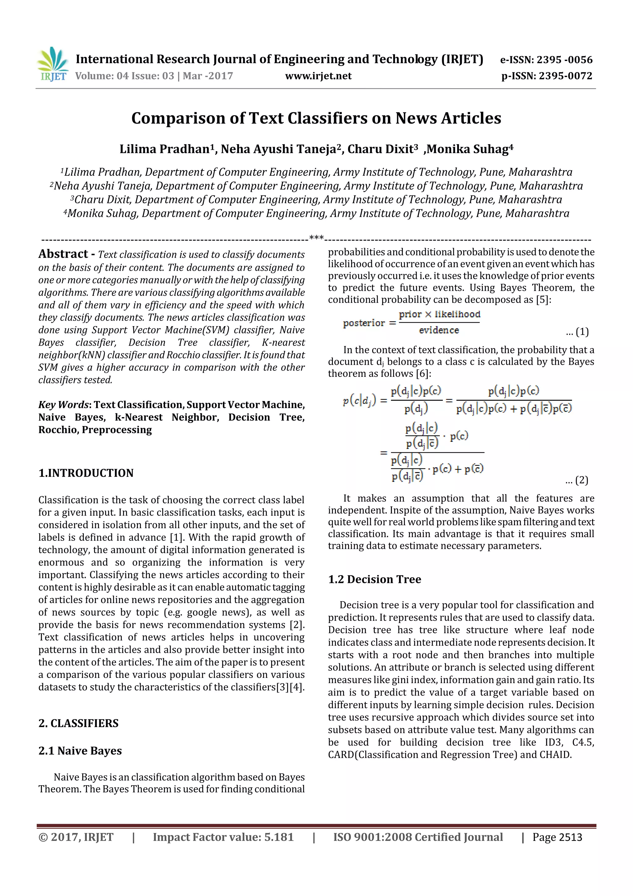Comparison of Text Classifiers on News Articles | PDF