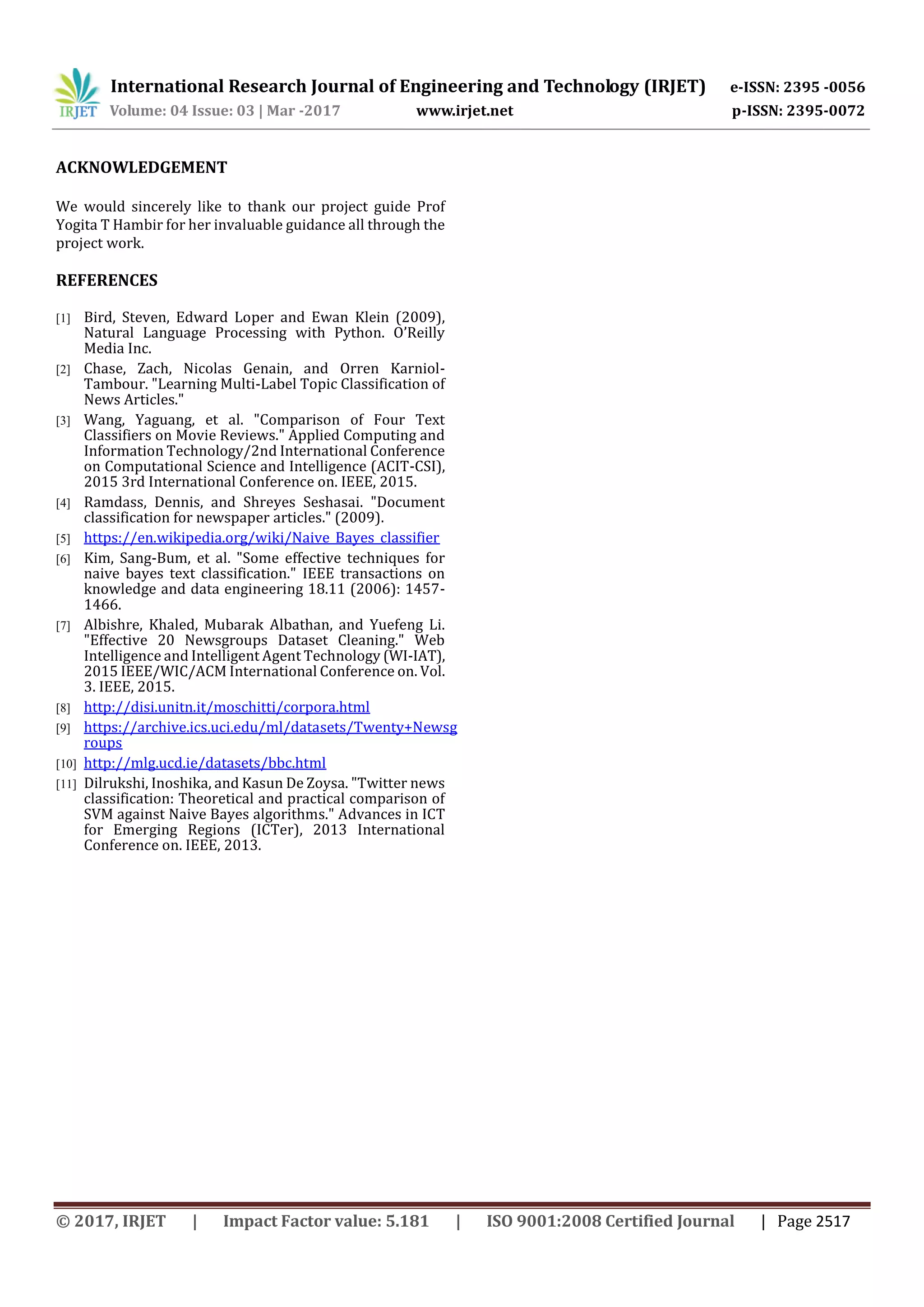 Comparison of Text Classifiers on News Articles | PDF