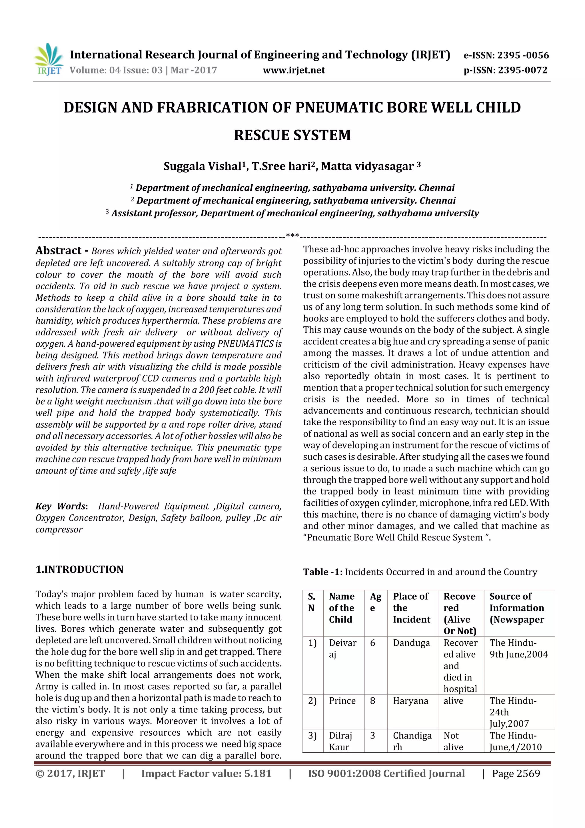 Design and Frabrication of Pneumatic Bore Well Child Rescue System | PDF