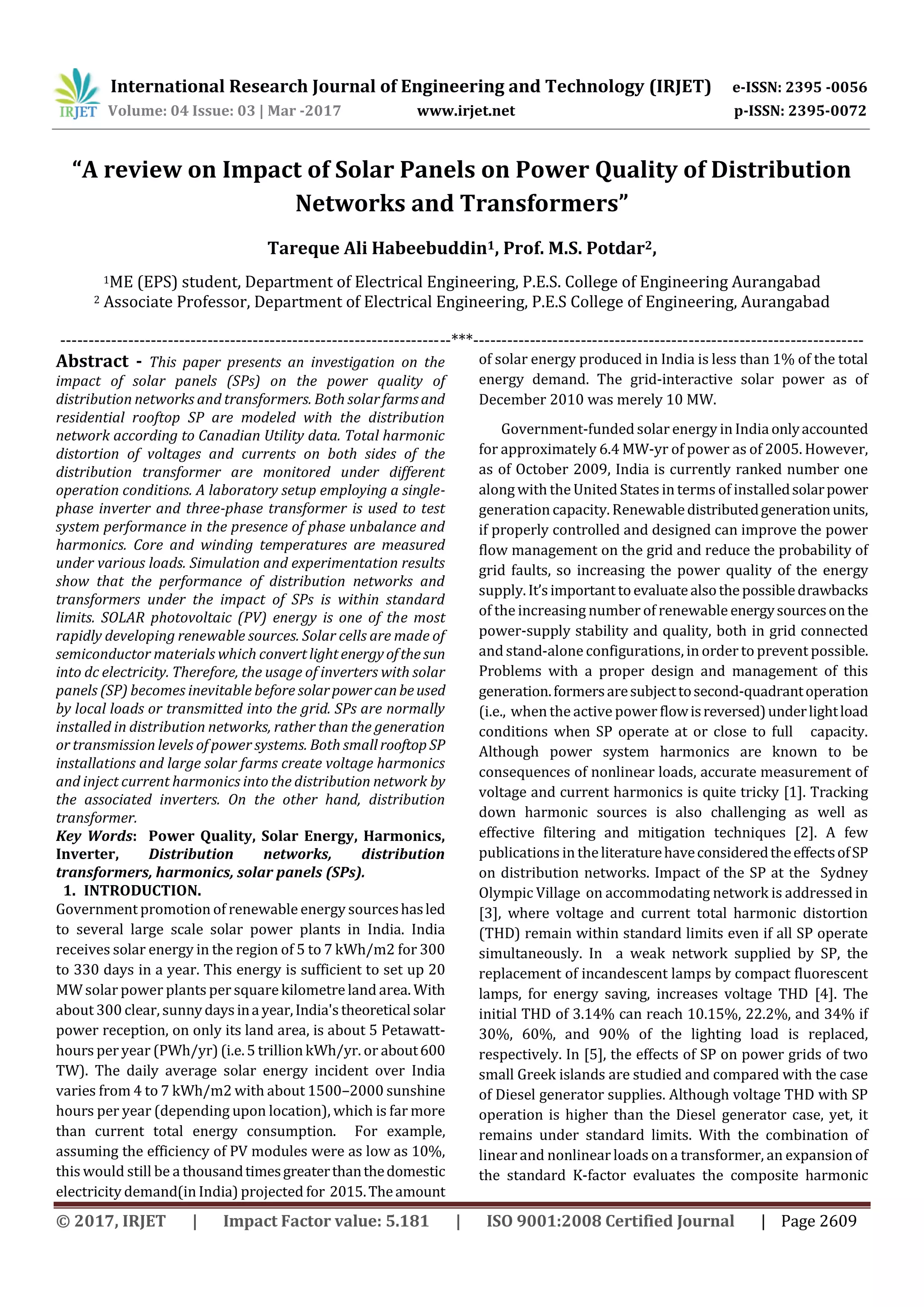 A Review on Impact of Solar Panels on Power Quality of Distribution Networks and Transformers | PDF