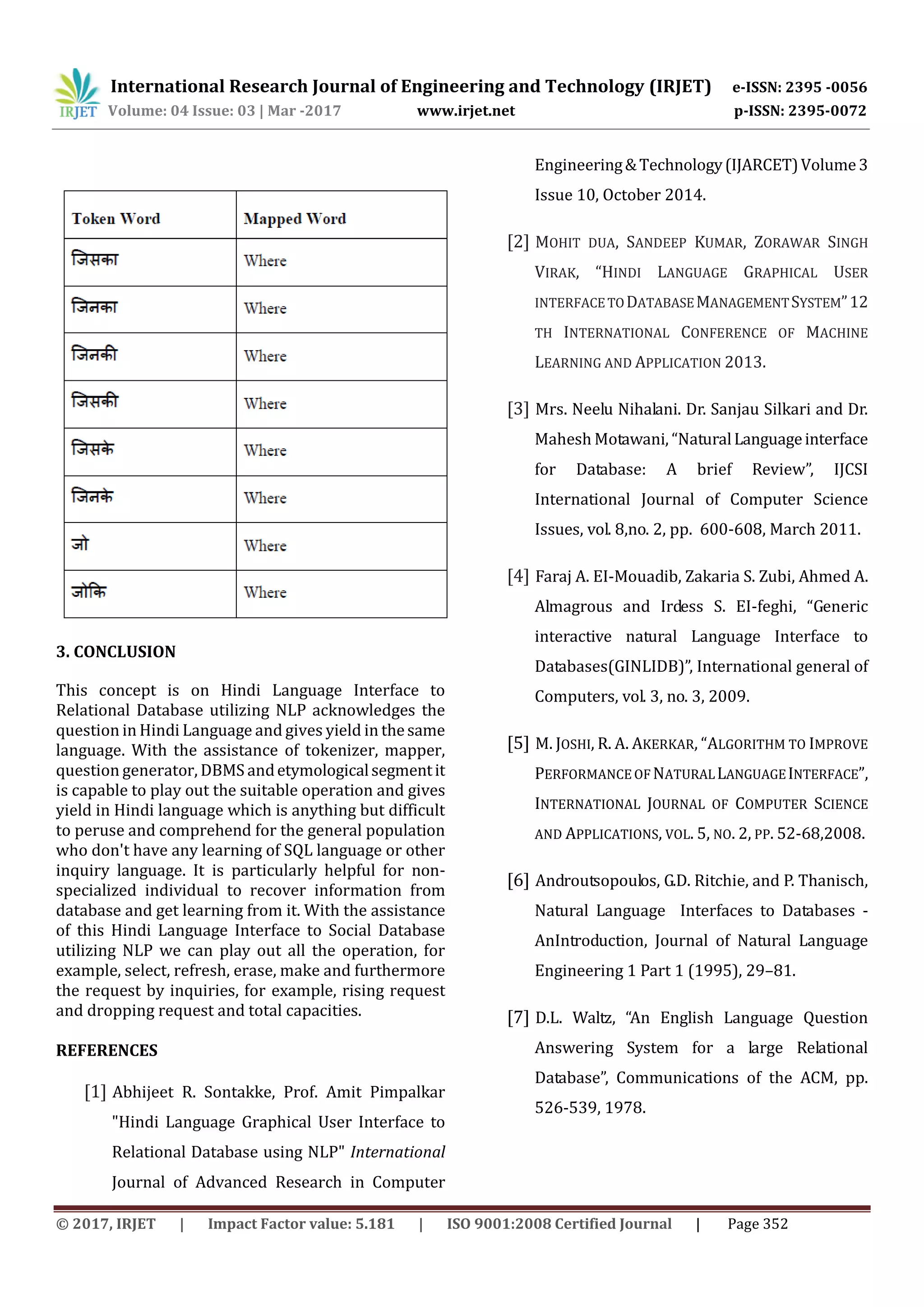 Hindi language as a graphical user interface to relational database for transport system | PDF