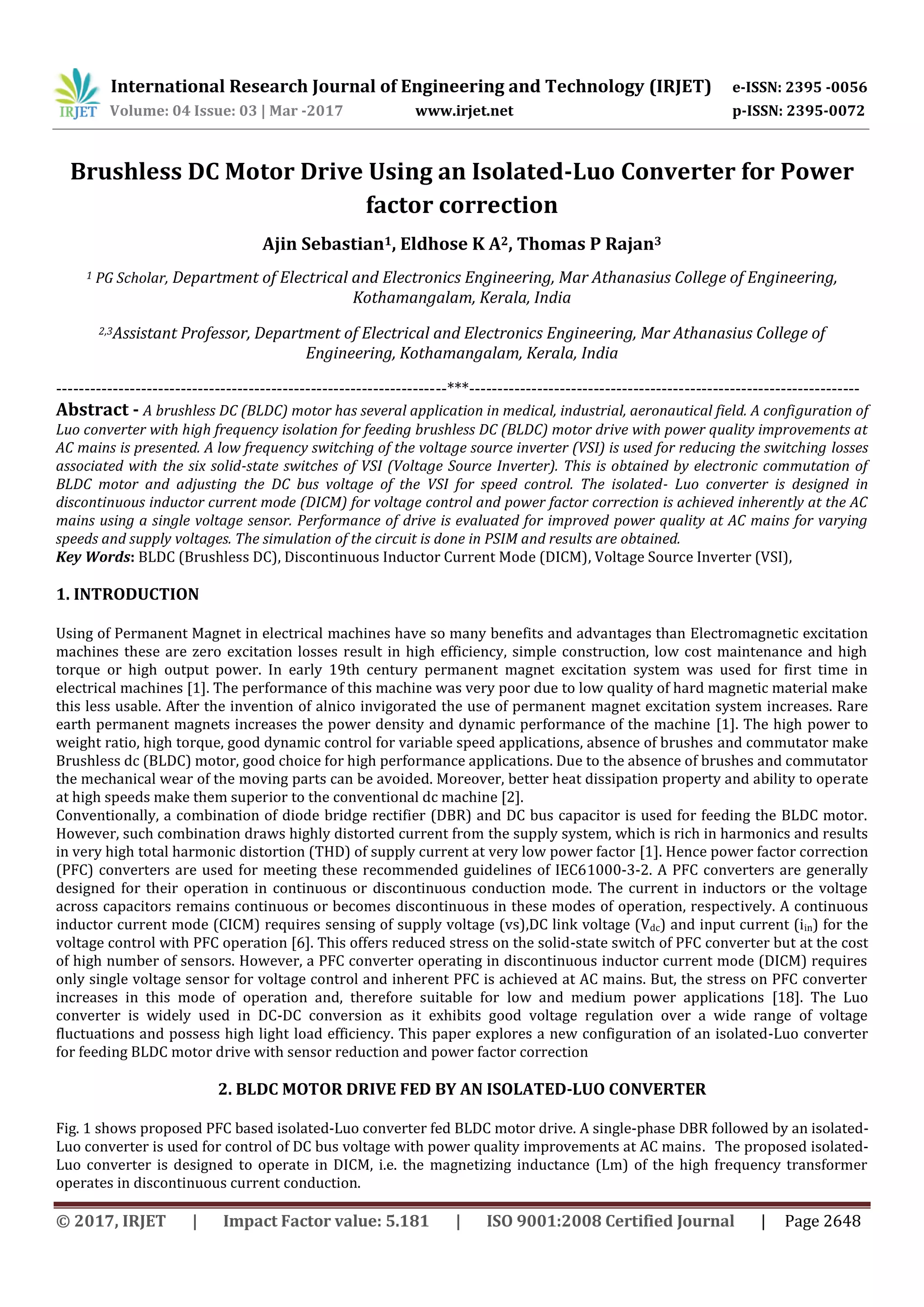 Brushless DC Motor Drive using an Isolated-Luo Converter for Power Factor Correction | PDF