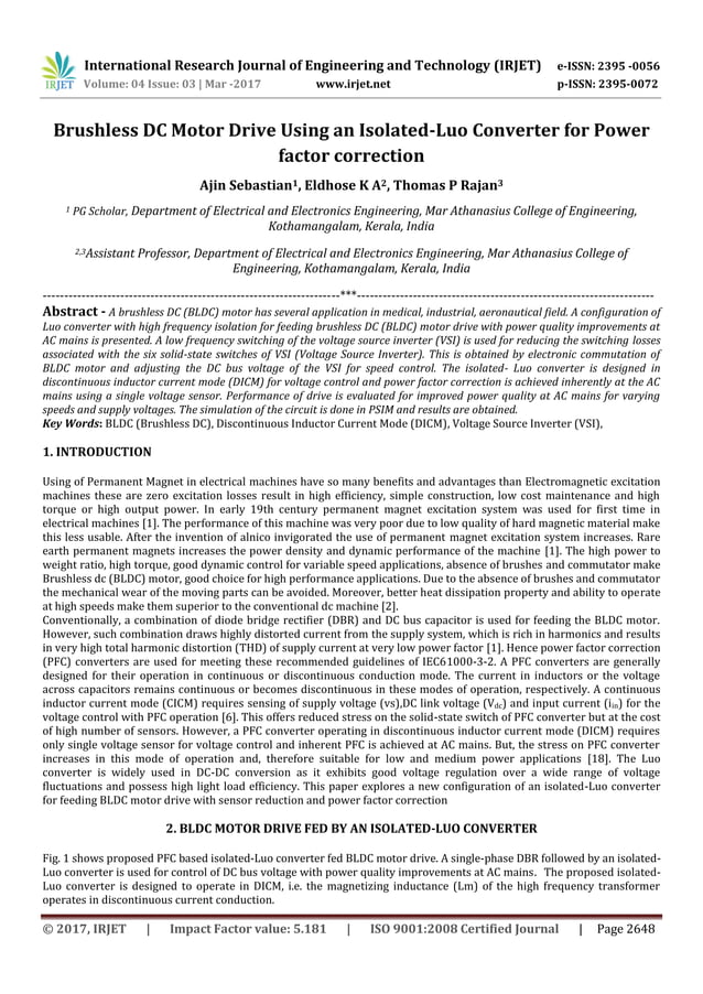 Brushless DC Motor Drive using an Isolated-Luo Converter for Power Factor Correction | PDF ...