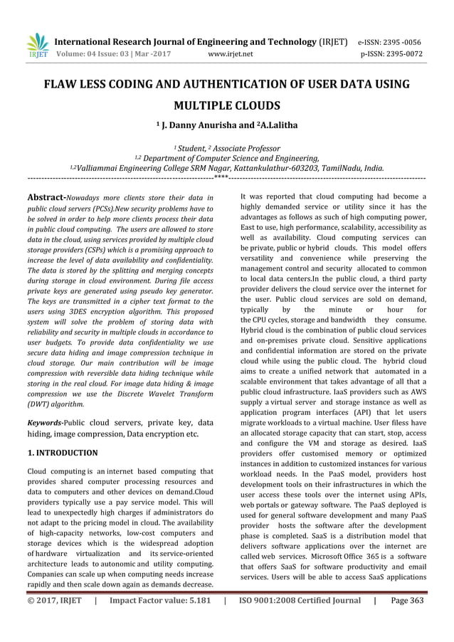 Flaw less coding and authentication of user data using multiple clouds | PDF
