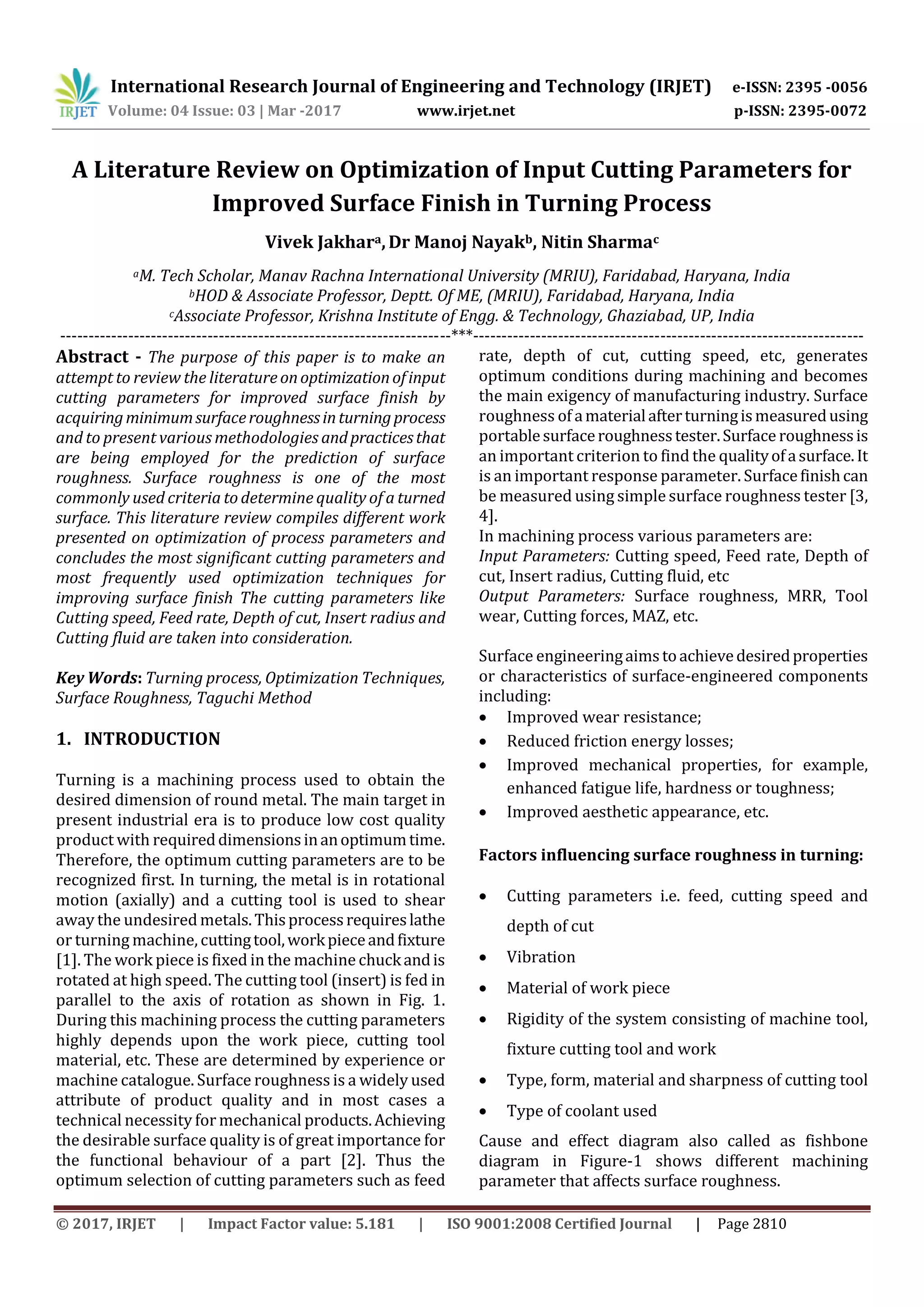 A Literature Review On Optimization Of Input Cutting Parameters For