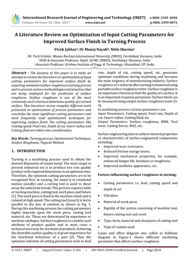 A Literature Review On Optimization Of Input Cutting Parameters For
