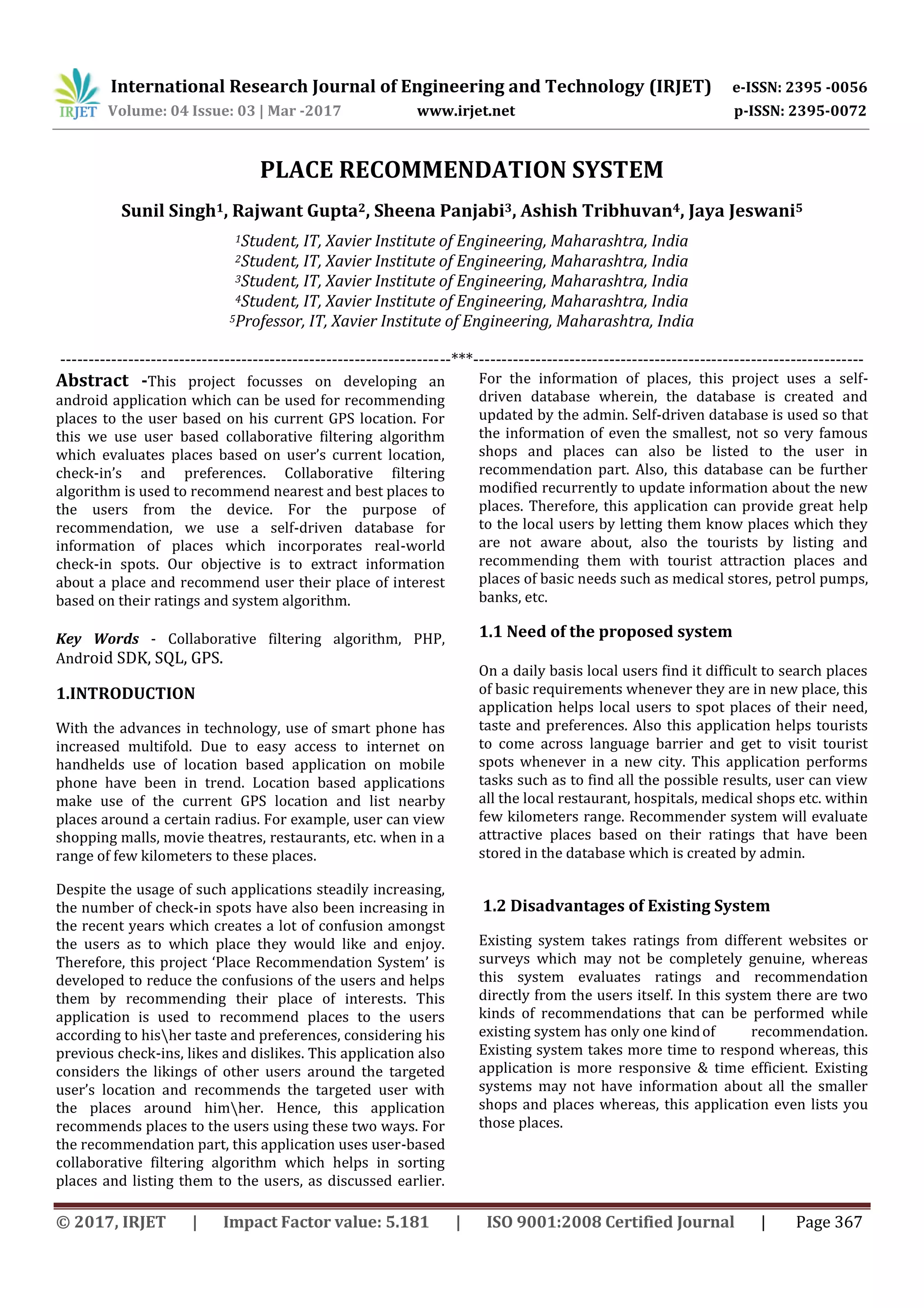 Place recommendation system | PDF