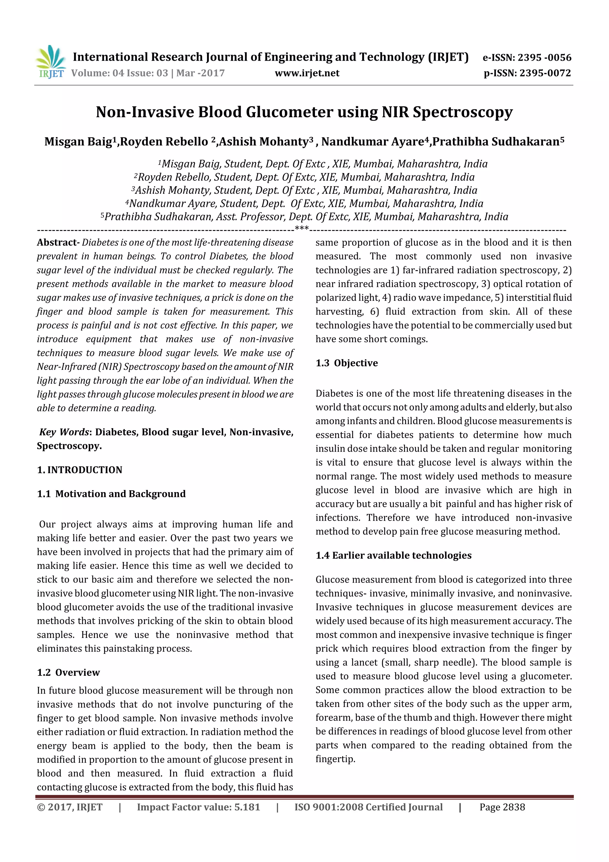 Non-Invasive Blood Glucometer using NIR Spectroscopy | PDF
