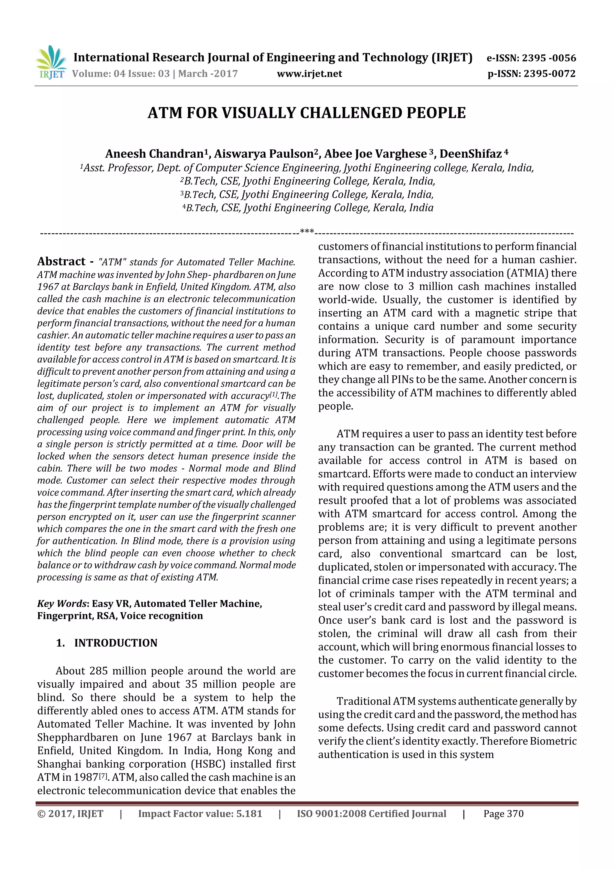 ATM for visually challenged people | PDF