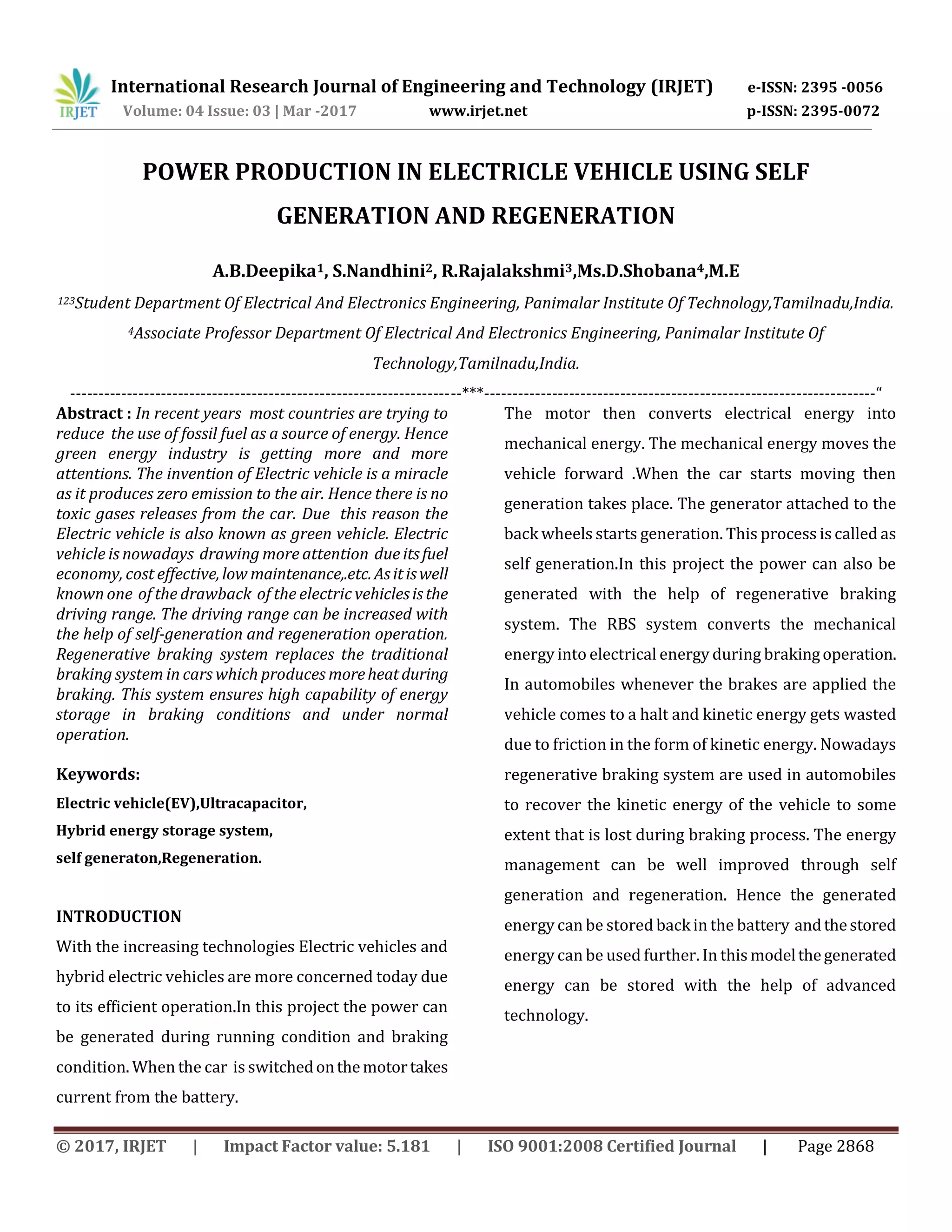 Power Production in Electricle Vehicle using Self Generation and ...