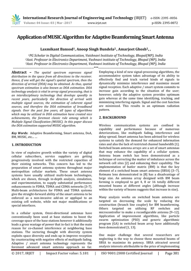 Application of MUSIC Algorithm for Adaptive Beamforming Smart Antenna ...