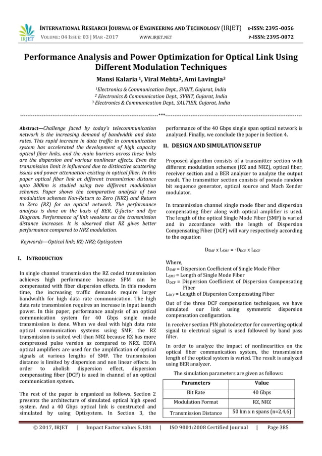 Performance Analysis and Power Optimization for Optical Link Using Different Modulation ...