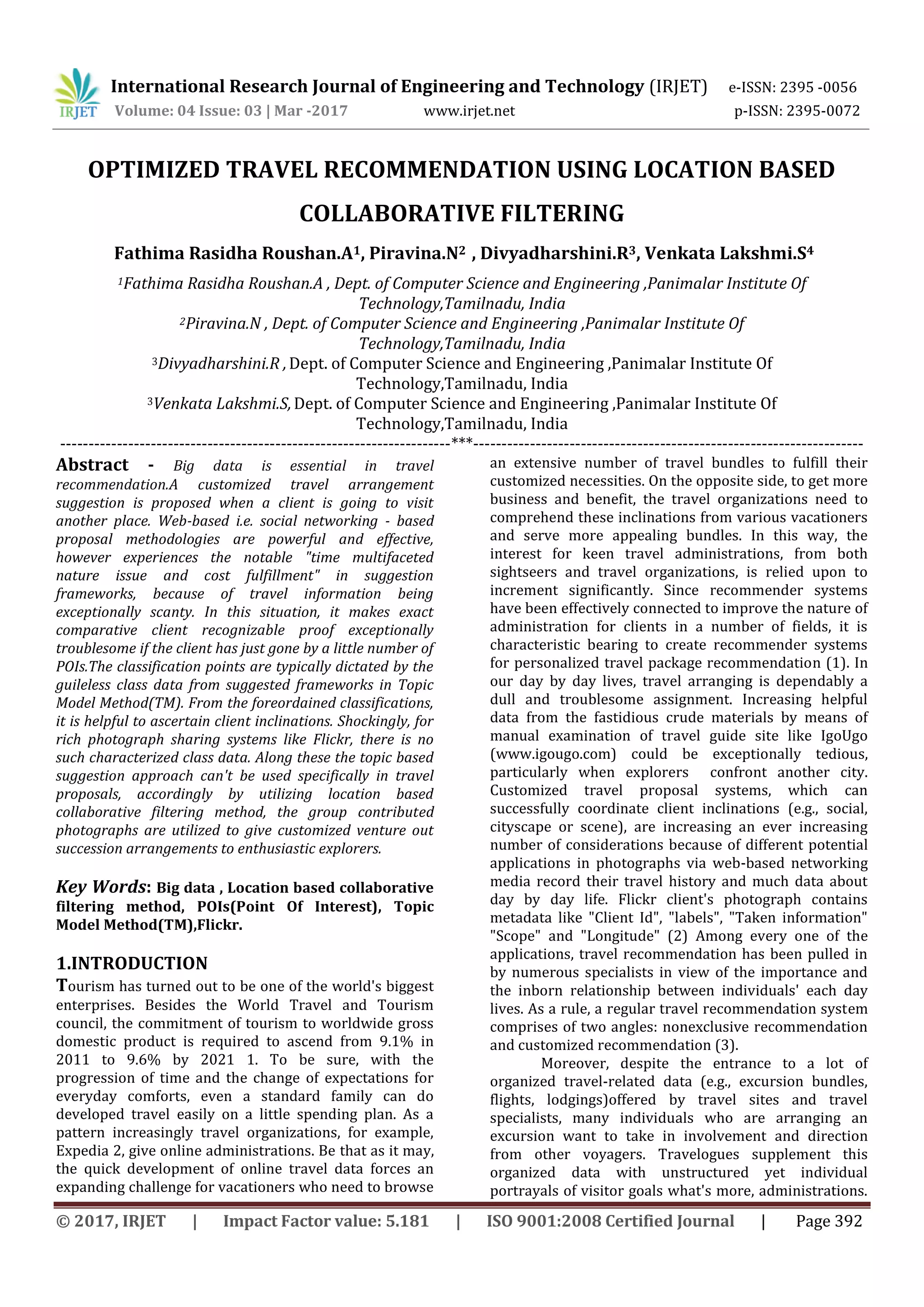 Optimized Travel Recommendation Using Location Based Collaborative Filtering Pdf