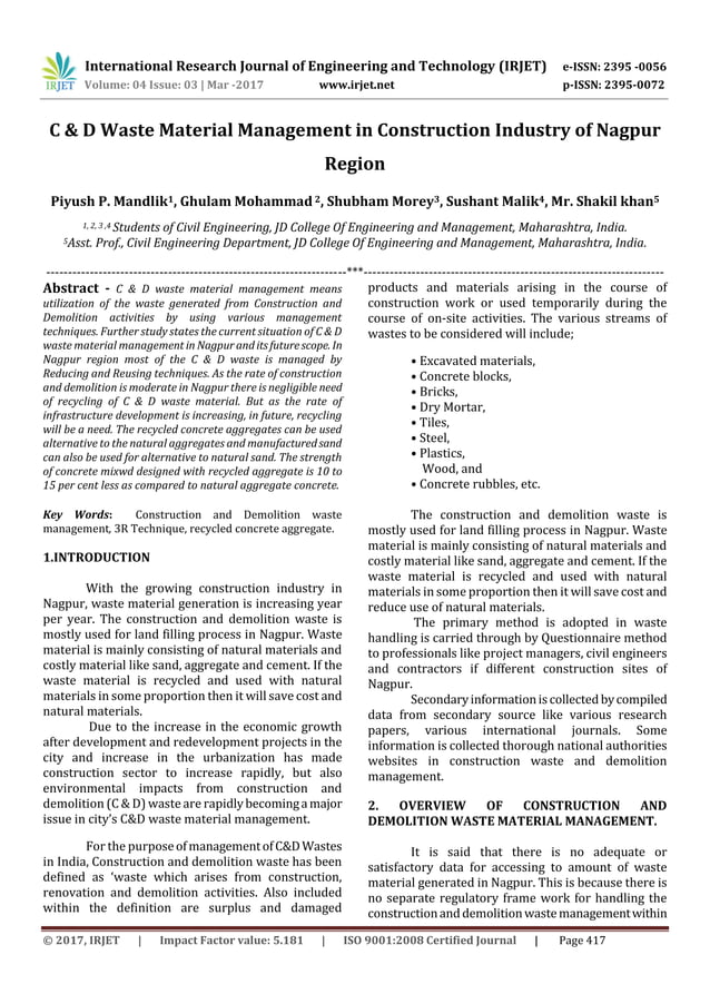 C & D Waste Material Management in Construction Industry of Nagpur ...