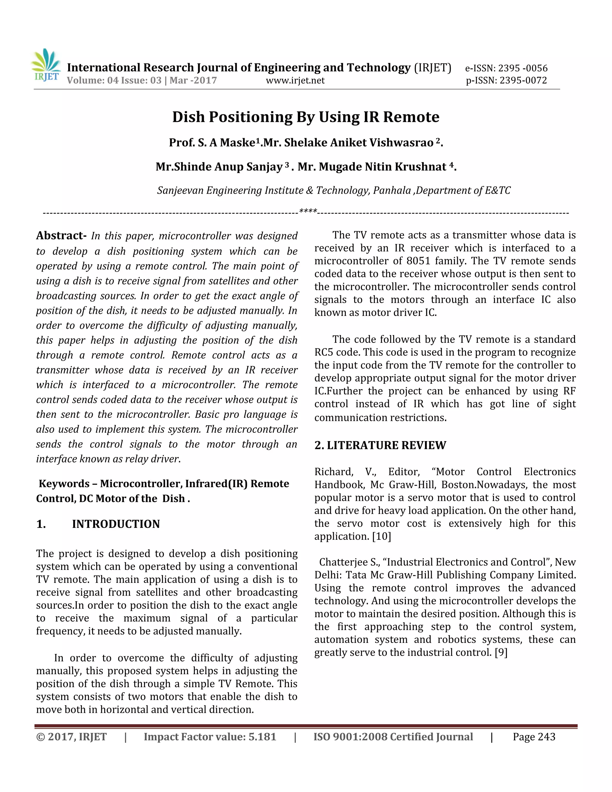 Dish Positioning By Using IR Remote | PDF