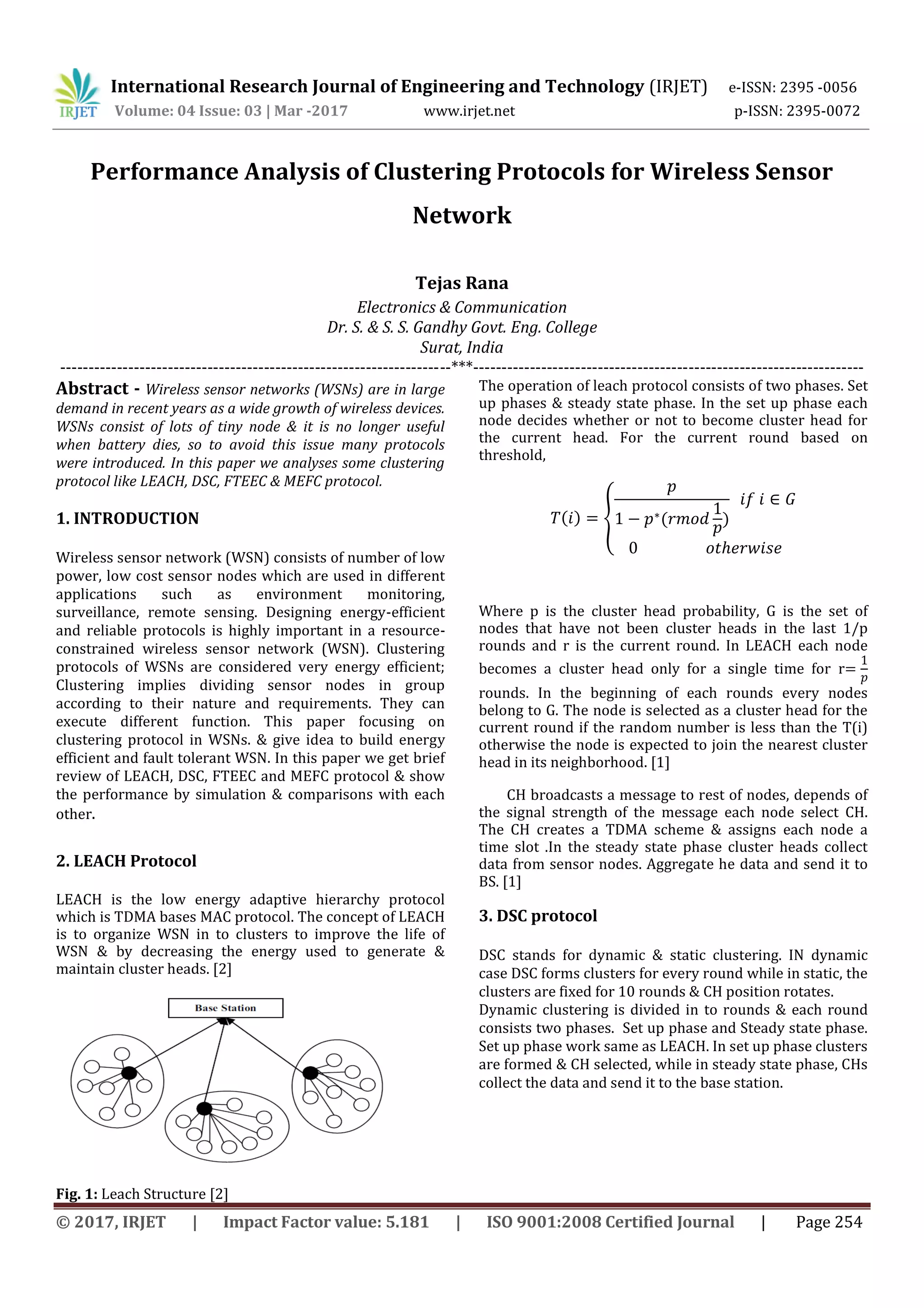 Performance Analysis Of Clustering Protocols For Wireless Sensor Network Pdf Internet Of