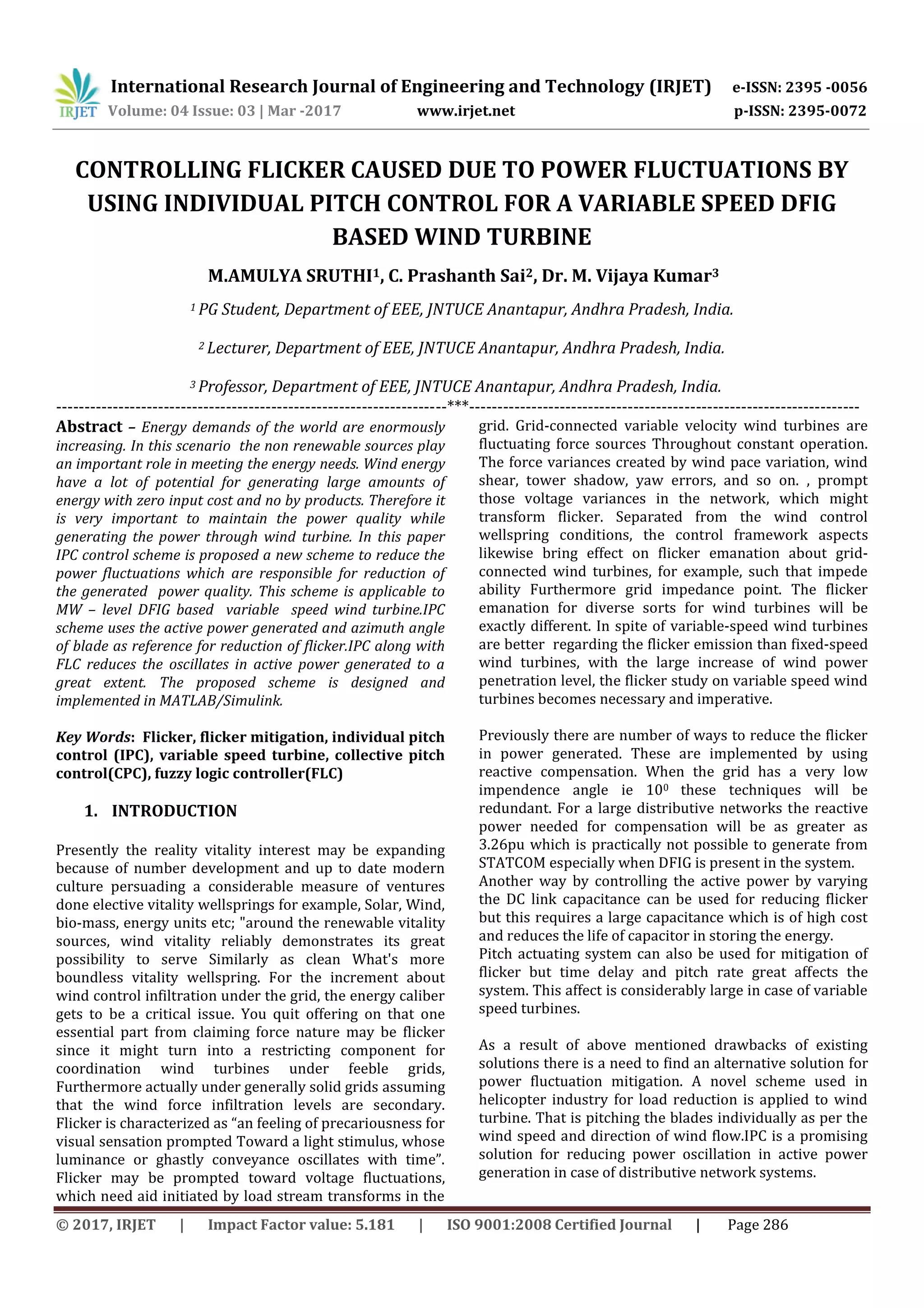 Controlling Flicker Caused Due to Power Fluctuations by Using Individual Pitch Control for a ...