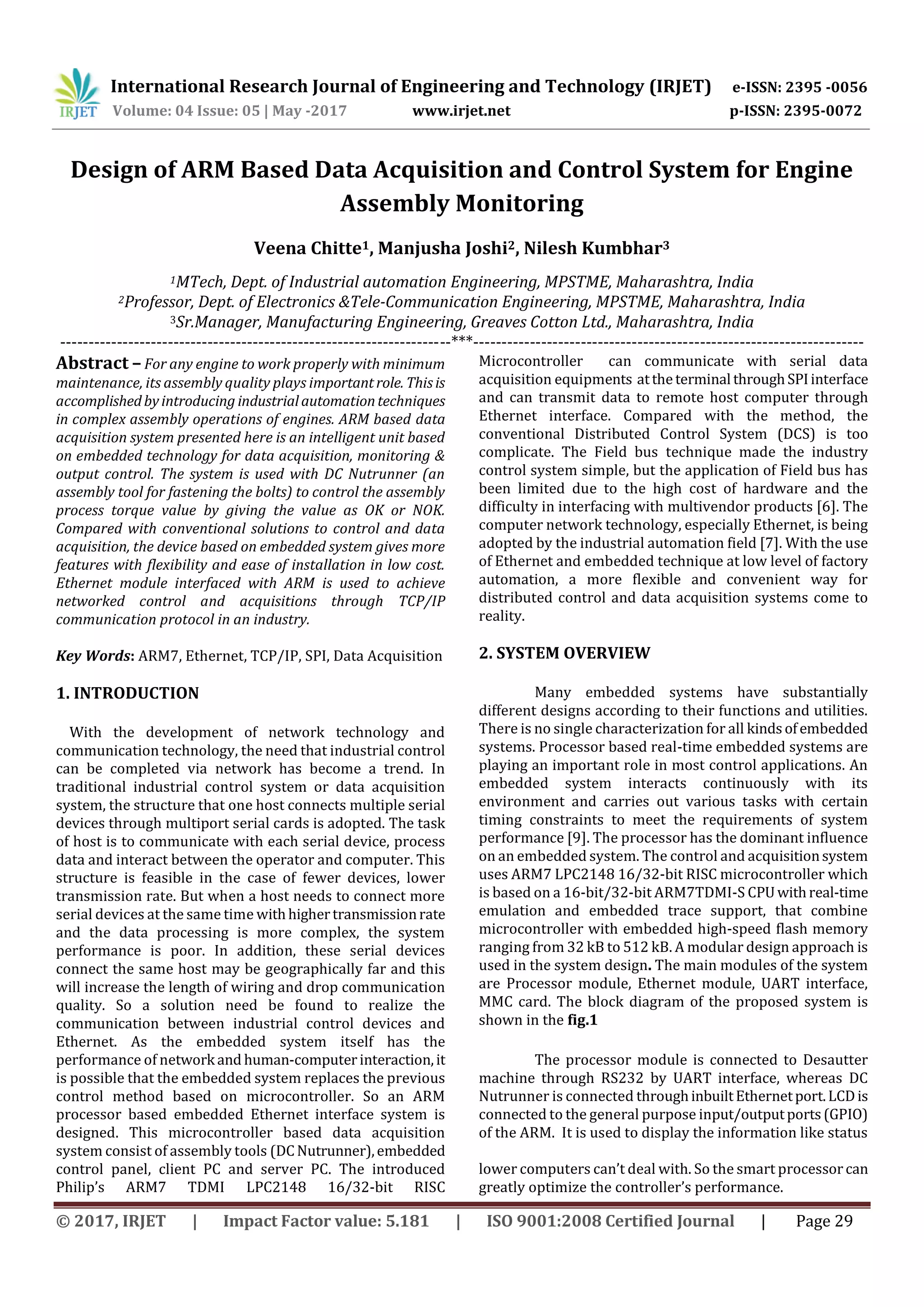 IRJET-Design of ARM Based Data Acquisition and Control System for Engine Assembly Monitoring | PDF