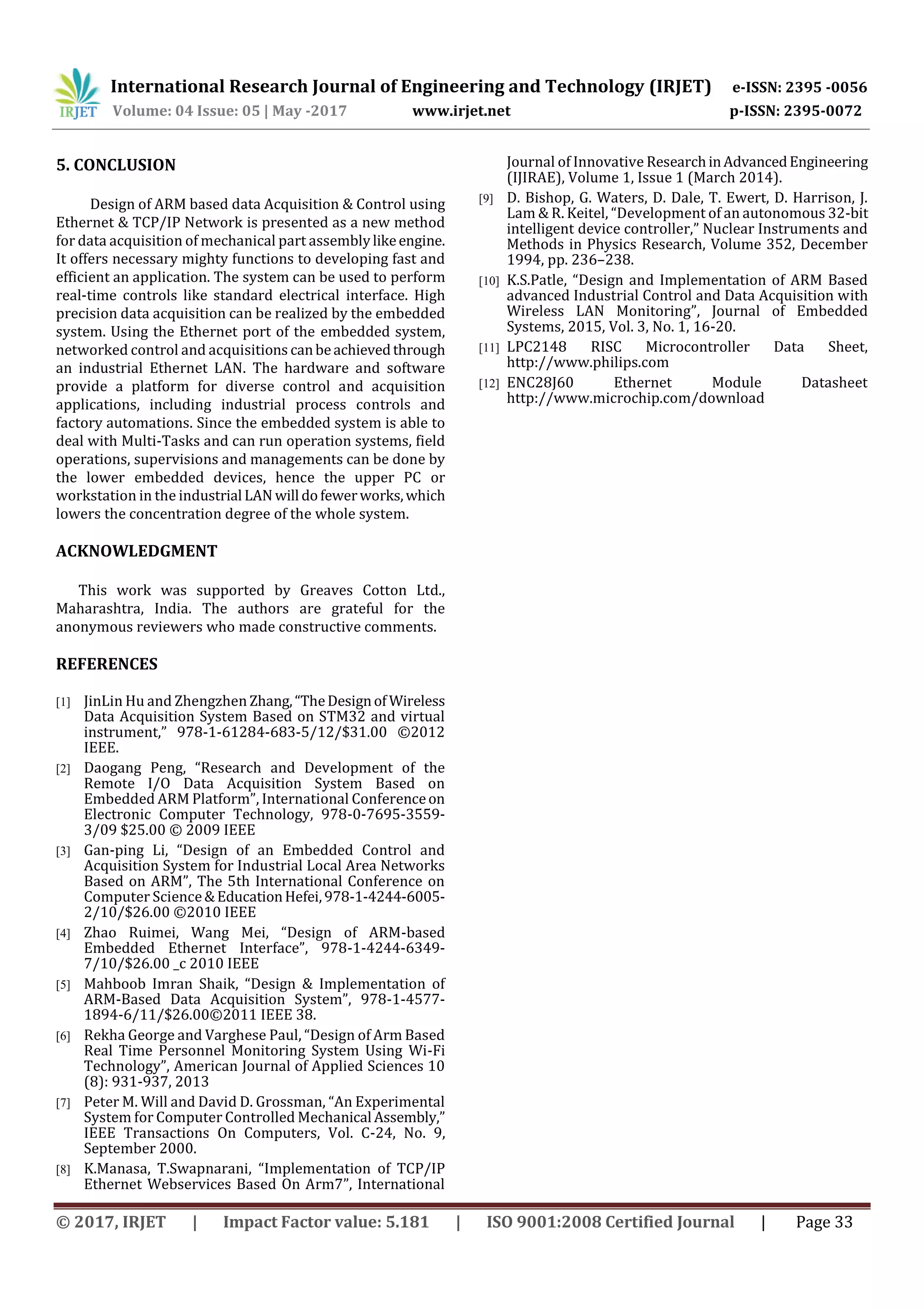 IRJET-Design of ARM Based Data Acquisition and Control System for Engine Assembly Monitoring | PDF