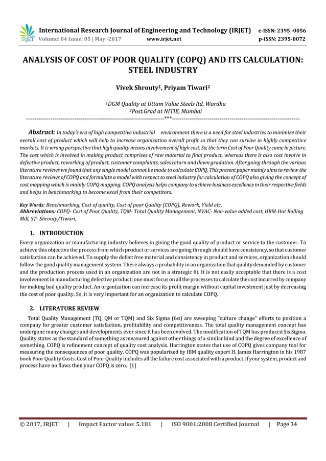 IRJET-Analysis of Cost of Poor Quality (COPQ) and its Calculation ...