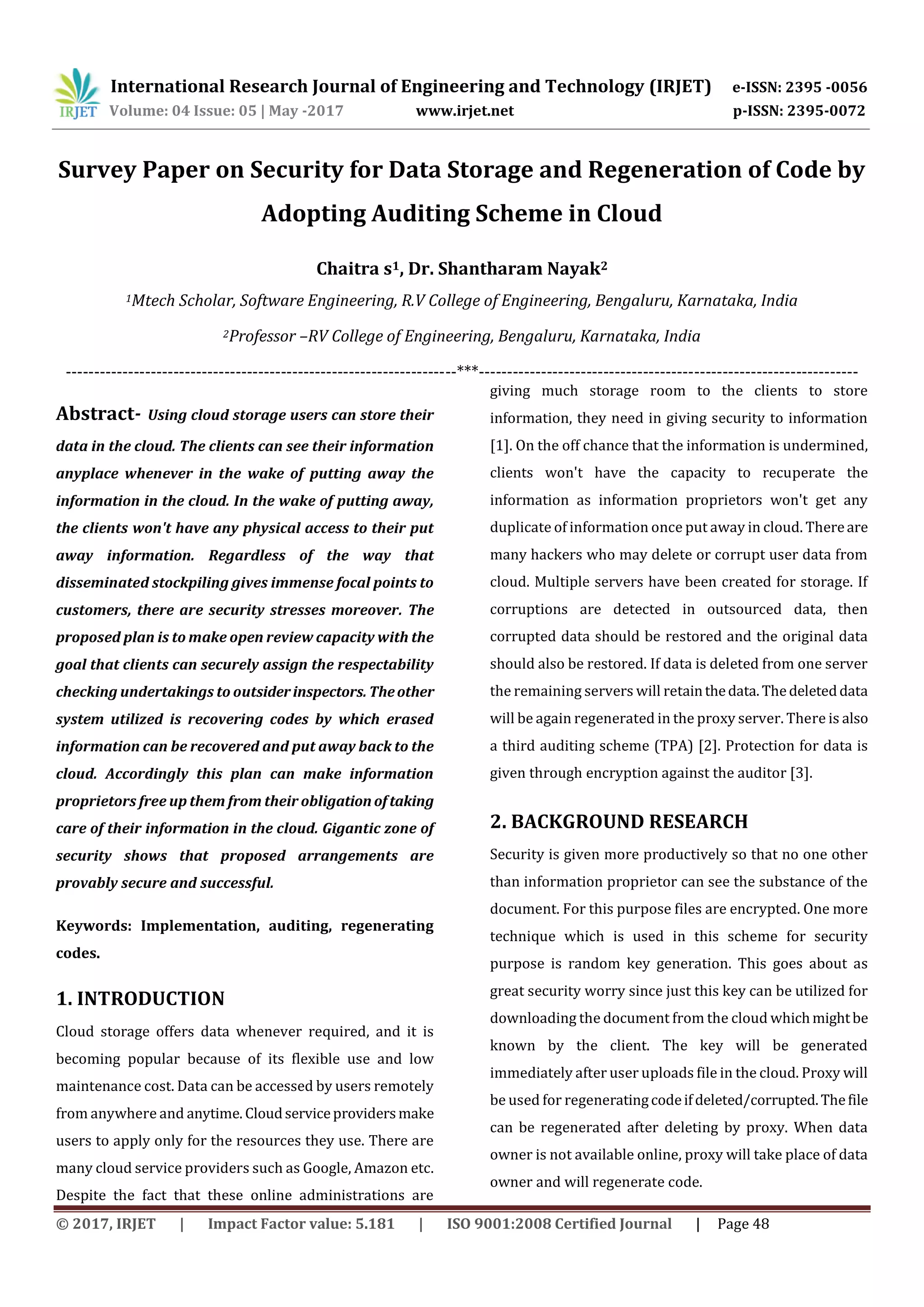 IRJET-Survey Paper on Security for Data Storage and Regeneration of Code by Adopting Auditing ...