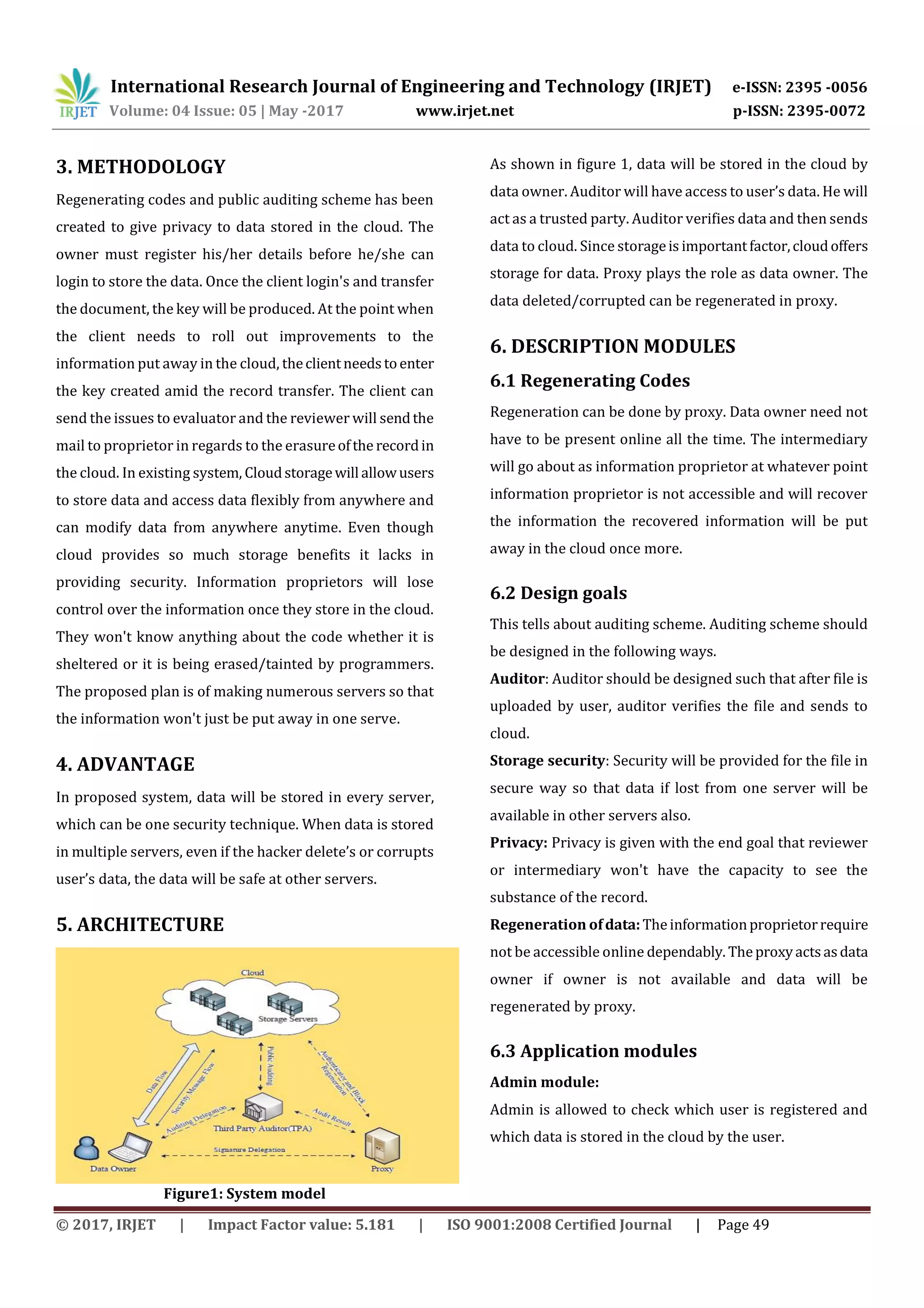 IRJET-Survey Paper on Security for Data Storage and Regeneration of Code by Adopting Auditing ...