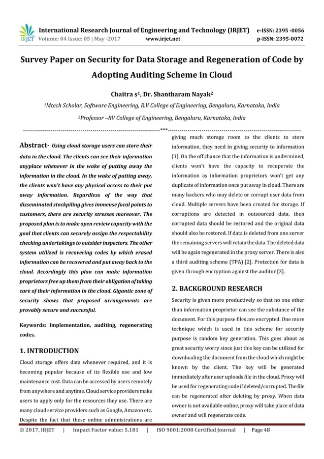 IRJET-Survey Paper on Security for Data Storage and Regeneration of Code by Adopting Auditing ...