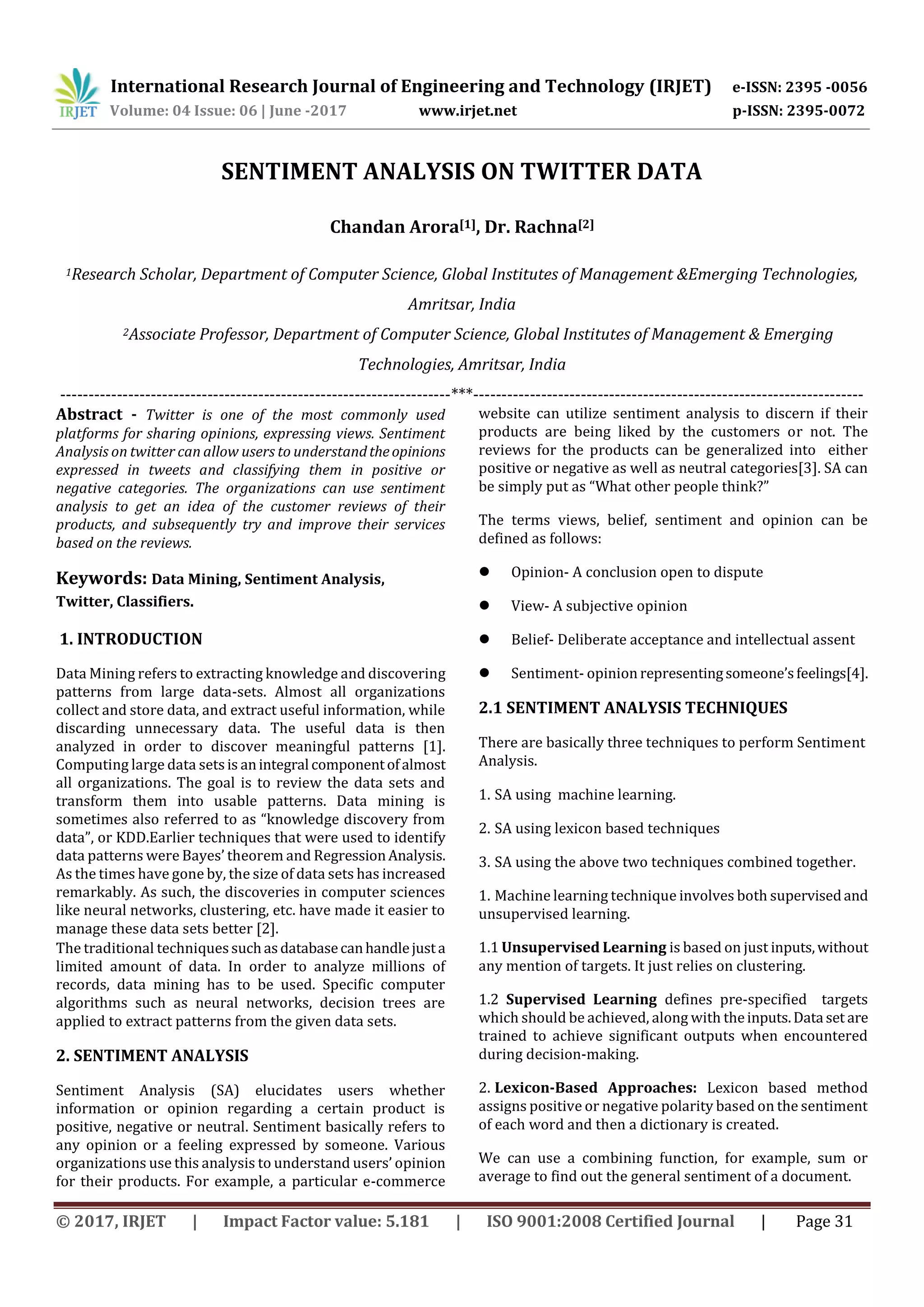 Sentiment Analysis on Twitter Data | PDF