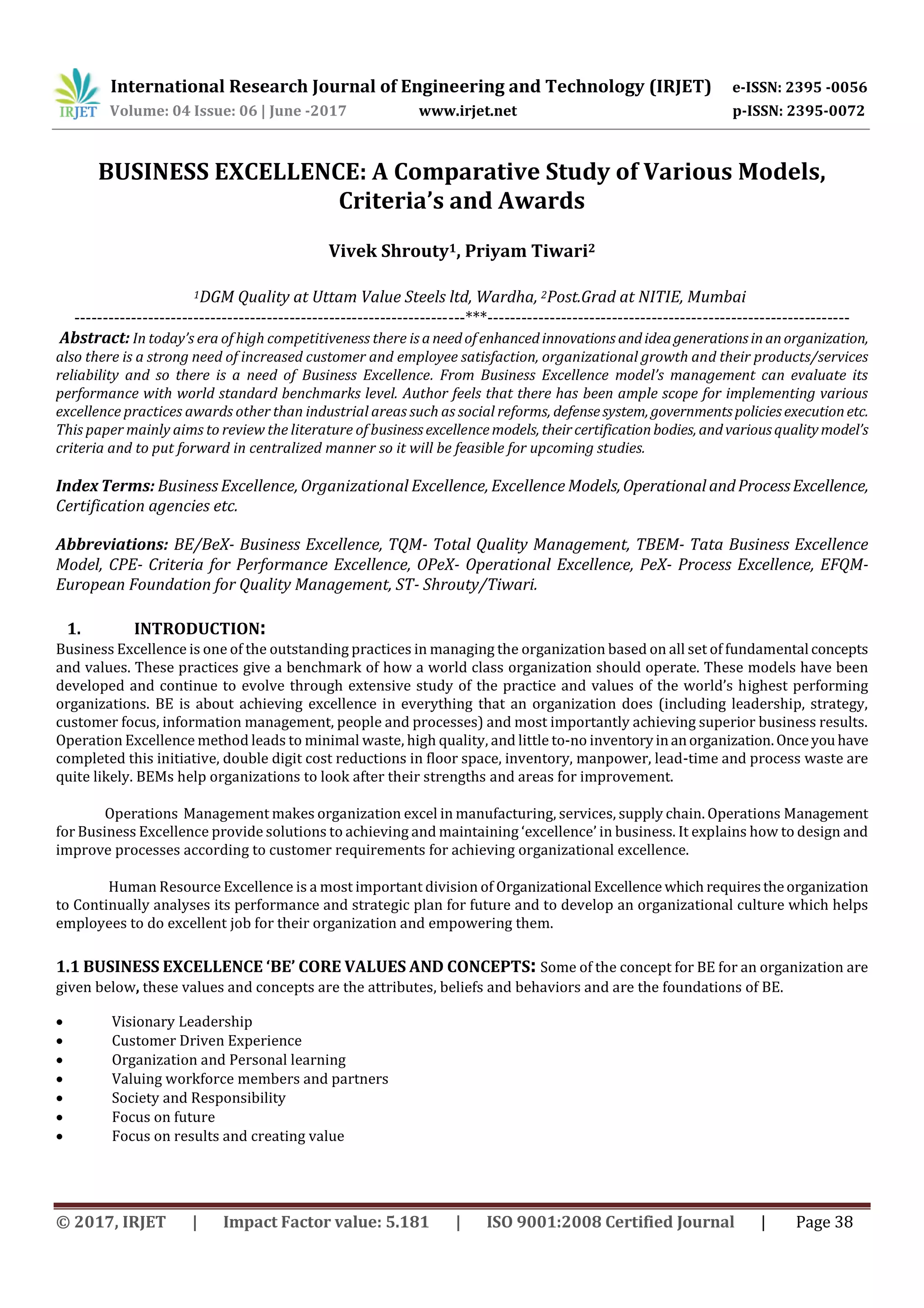 Business Excellence: A Comparative Study of Various Models, Criteria’s and Awards | PDF