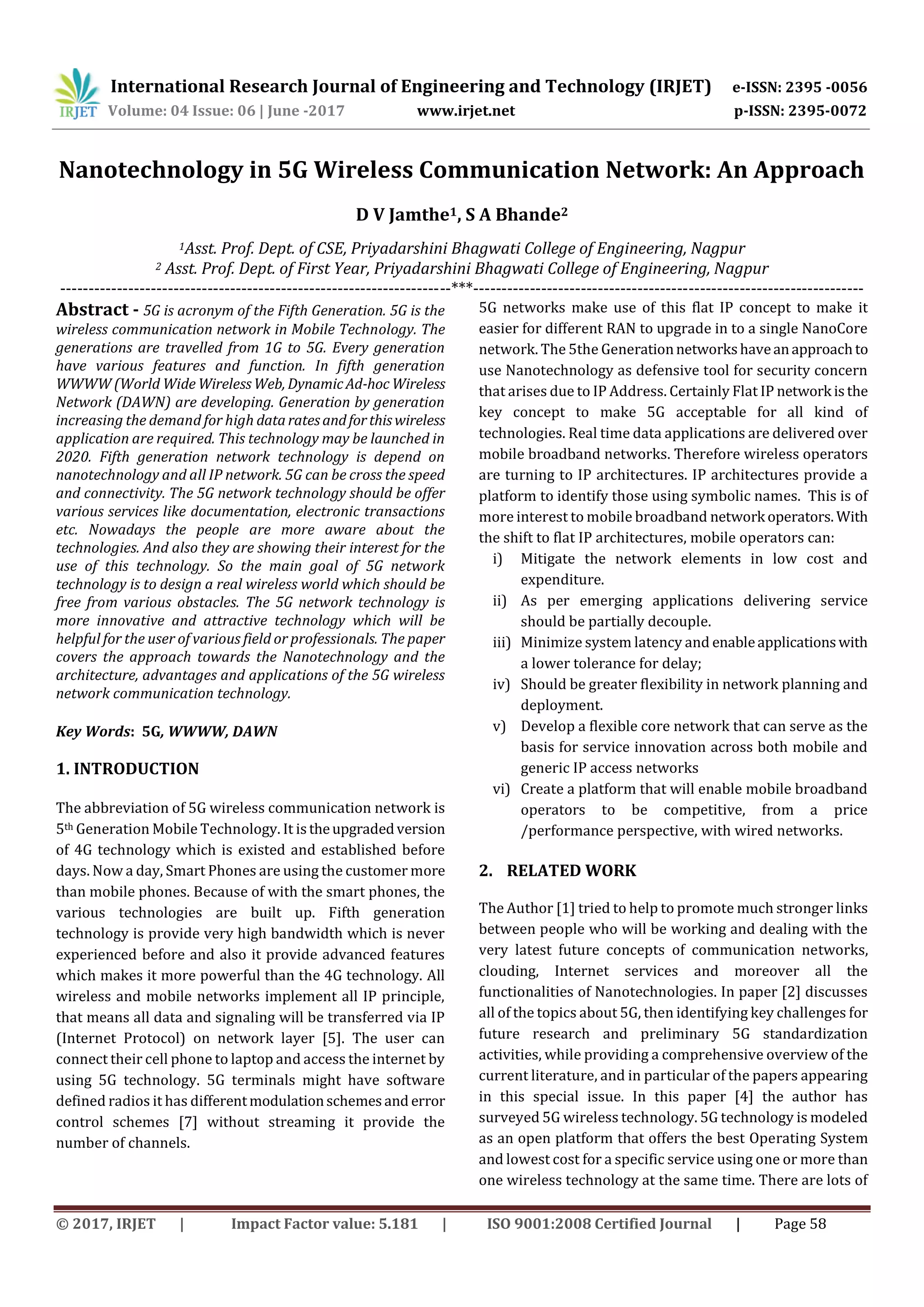 Nanotechnology in 5G Wireless Communication Network: An Approach | PDF