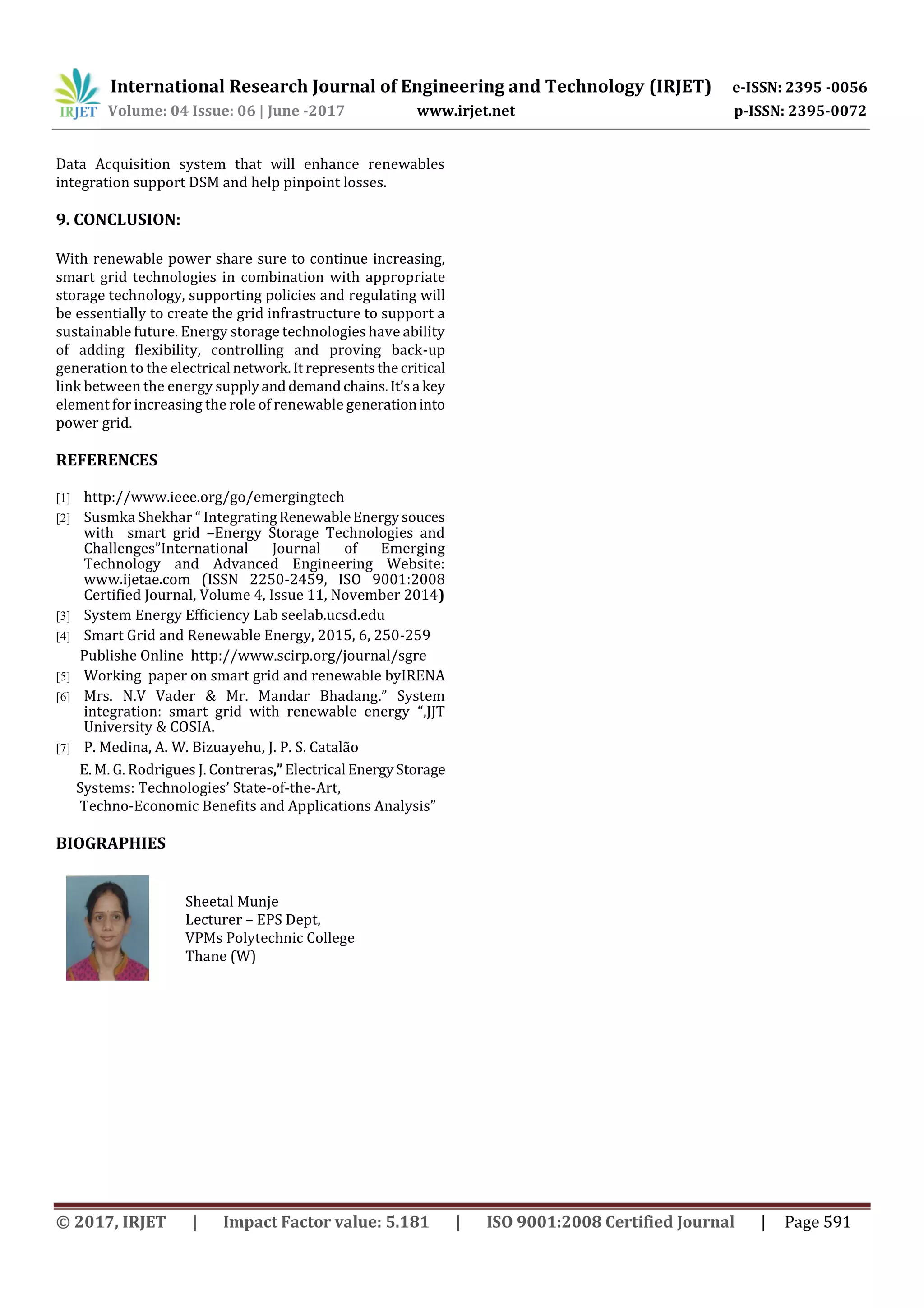 Renewable Energy Integration into Smart Grid-Energy Storage Technologies and Challenges | PDF