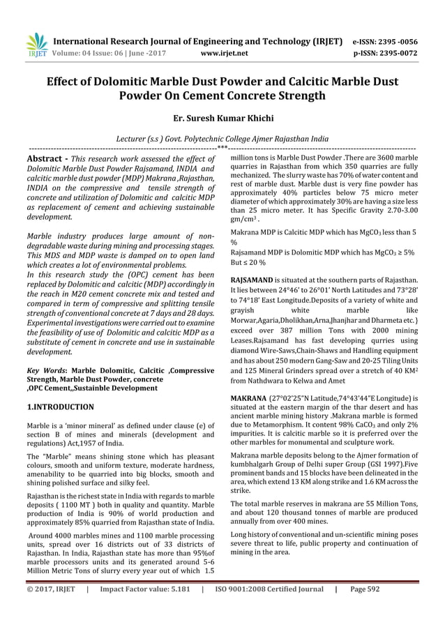 Effect of Dolomitic Marble Dust Powder and Calcitic Marble Dust Powder ...