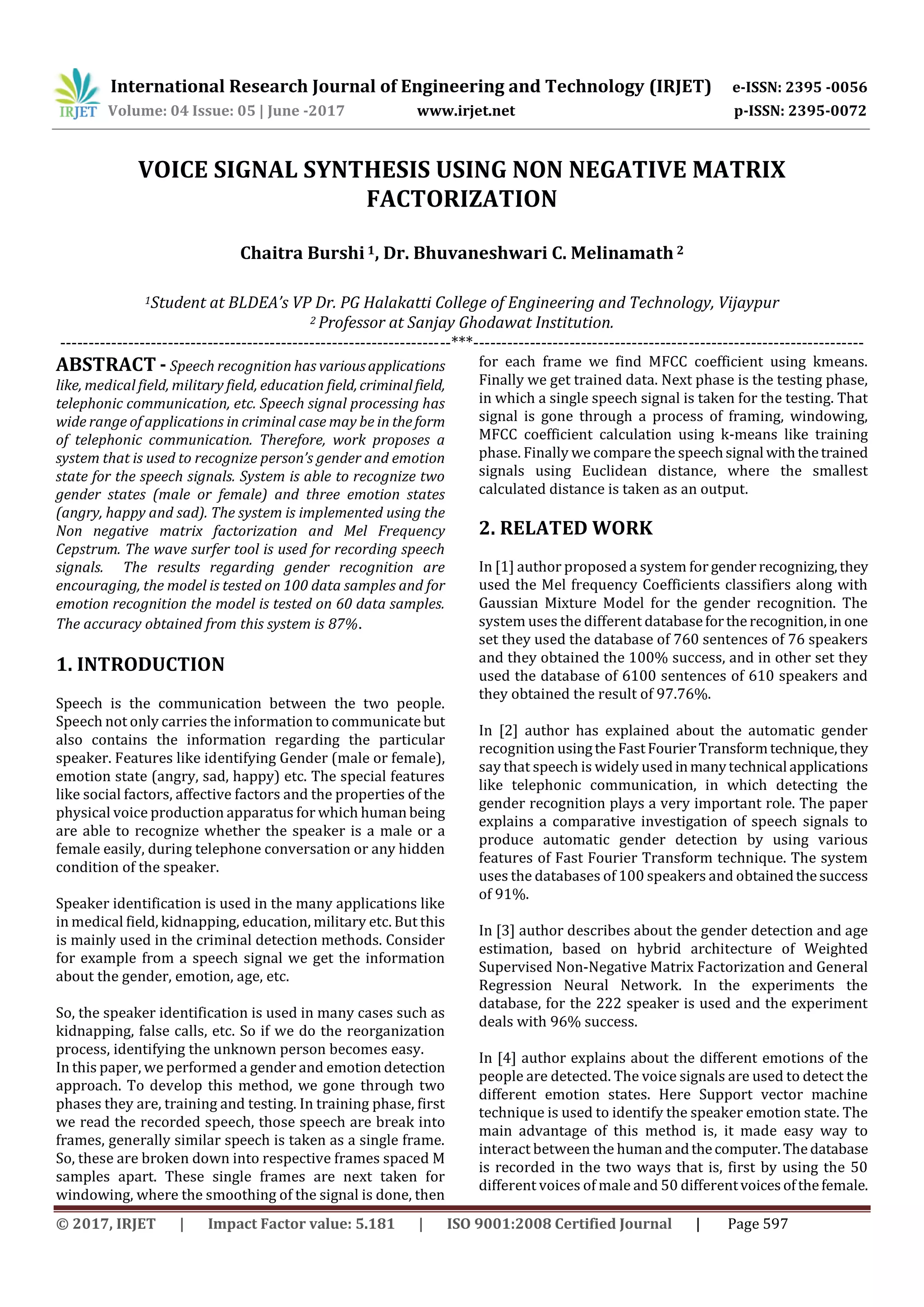 Voice Signal Synthesis Using Non Negative Matrix Factorization Pdf