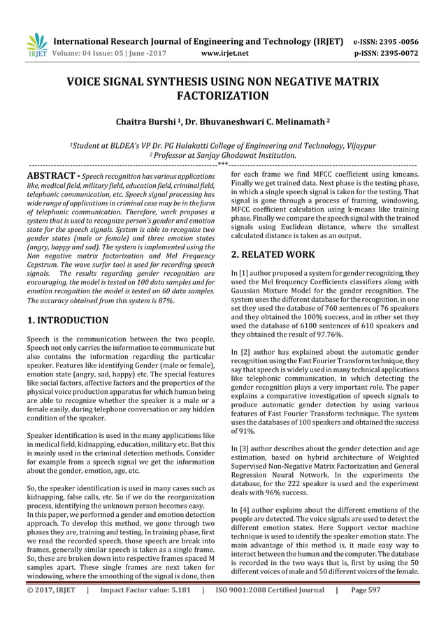 Voice Signal Synthesis using Non Negative Matrix Factorization | PDF