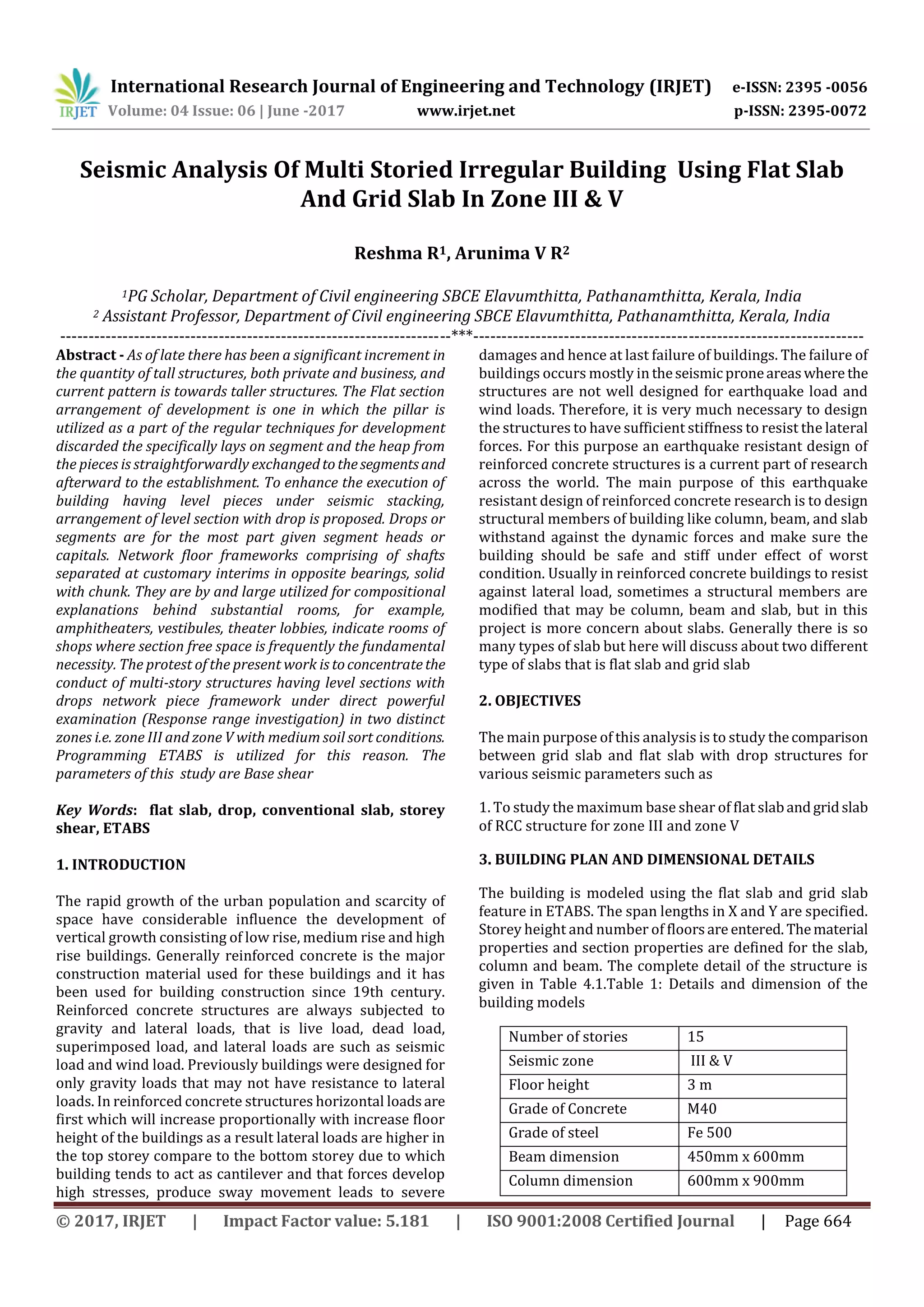 Seismic Analysis of Multi Storied Irregular Building using Flat Slab ...