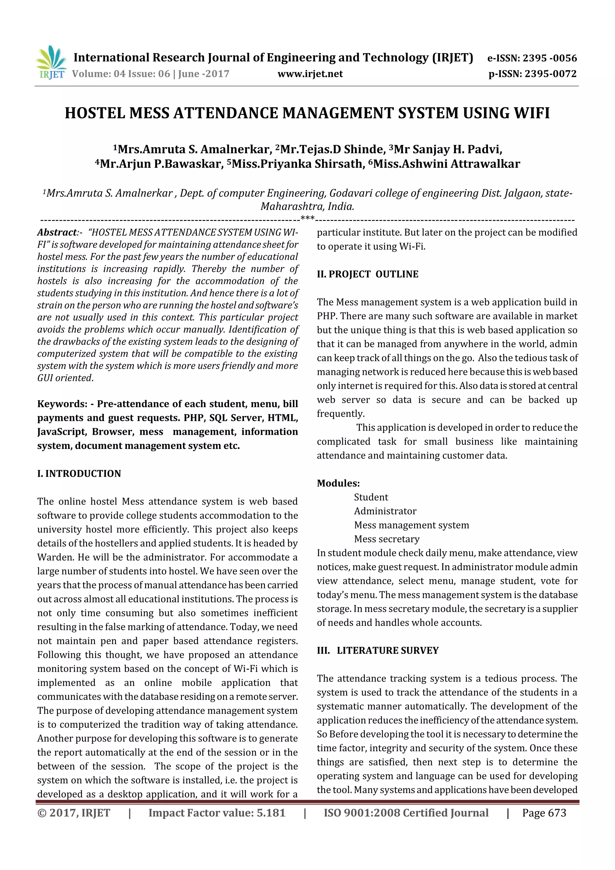 Hostel Mess Attendance Management System using Wifi | PDF