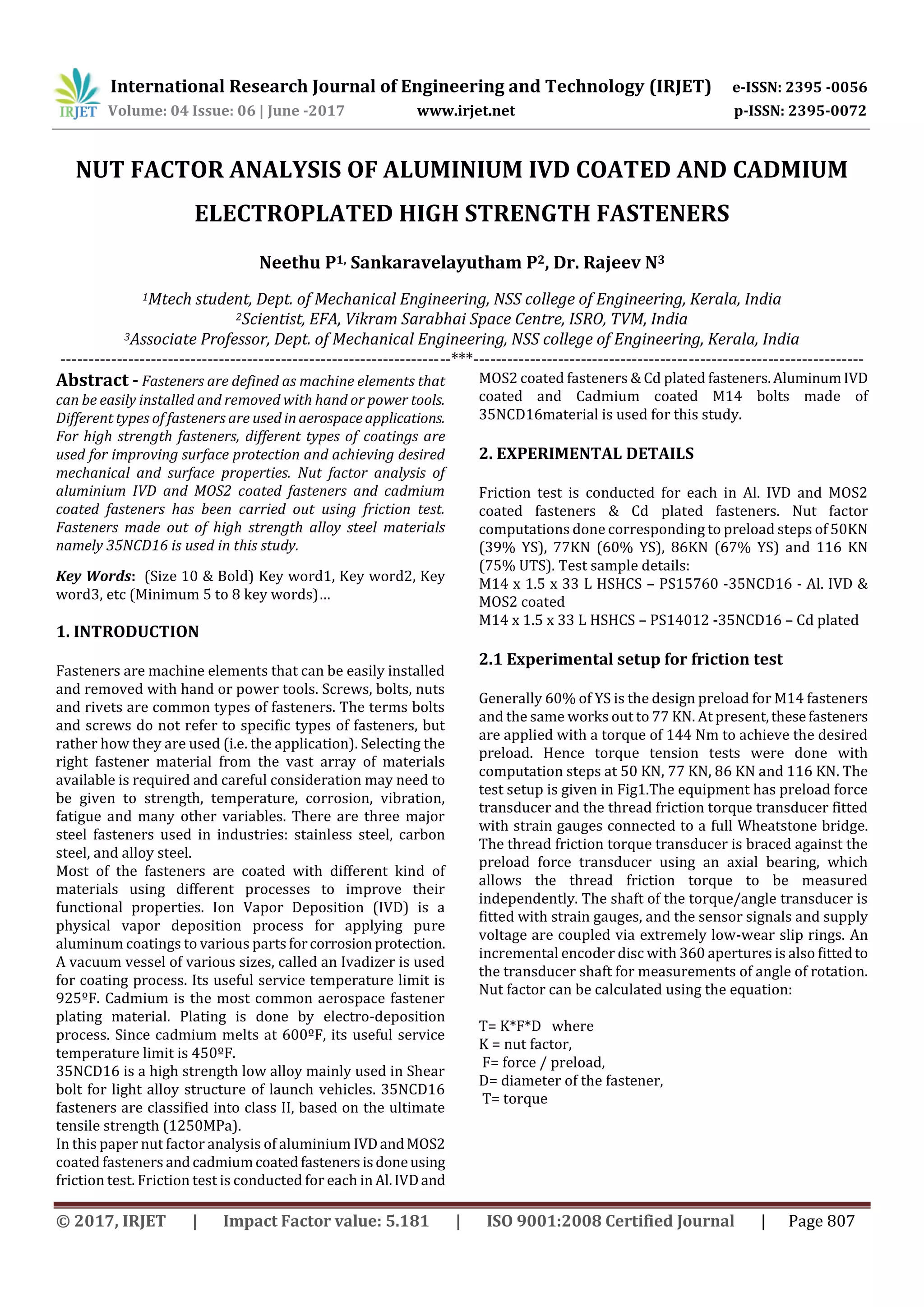 Nut Factor Analysis of Aluminium IVD Coated and Cadmium Electroplated ...